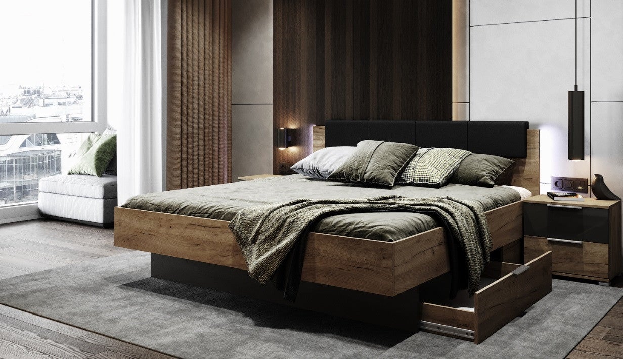 Lit luna avec tiroirs de rangement et chevets posés 160x200 cm lave mat ...