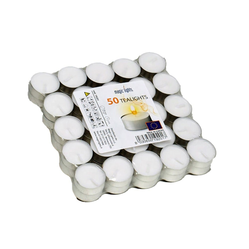 Pack 50 unid. velas blancas 12g sin aroma magic lights | Leroy Merlin
