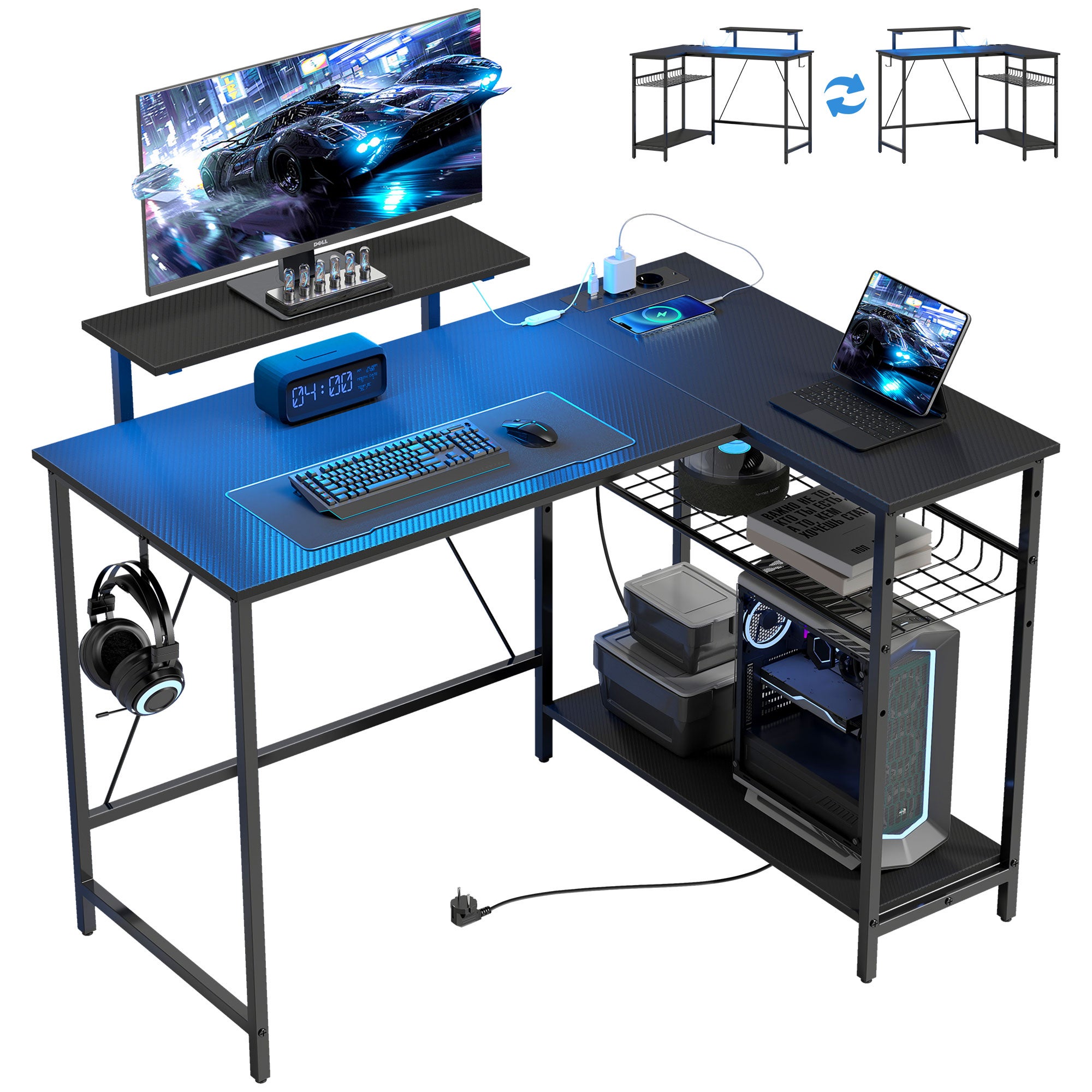 Scrivania Gaming Angolare con LED, Prese Elettriche, Supporto per ...