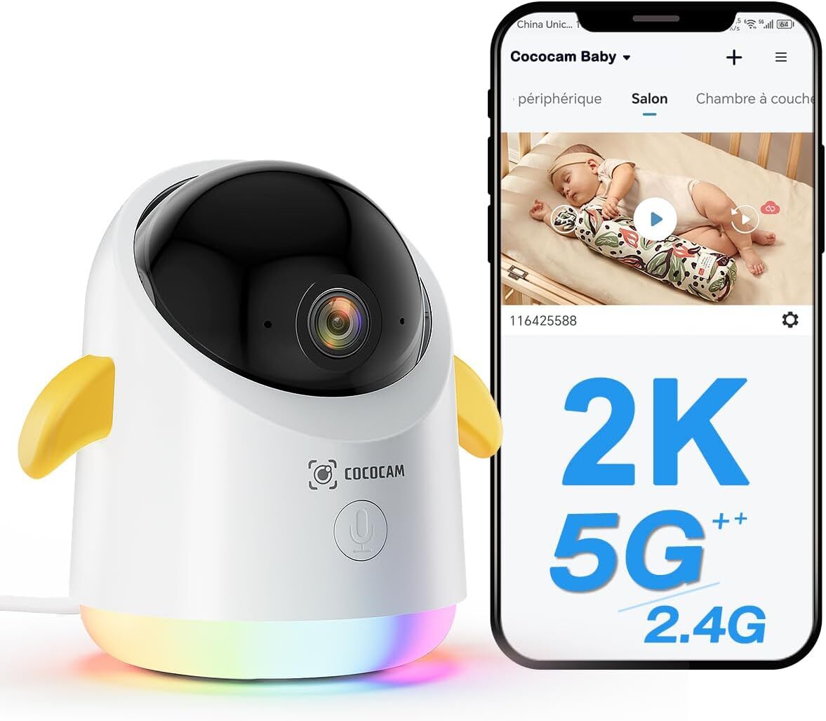 COCOCAM 2K Telecamera Babyphone Wi-Fi 2.4/5G, PTZ, Analisi IA ...