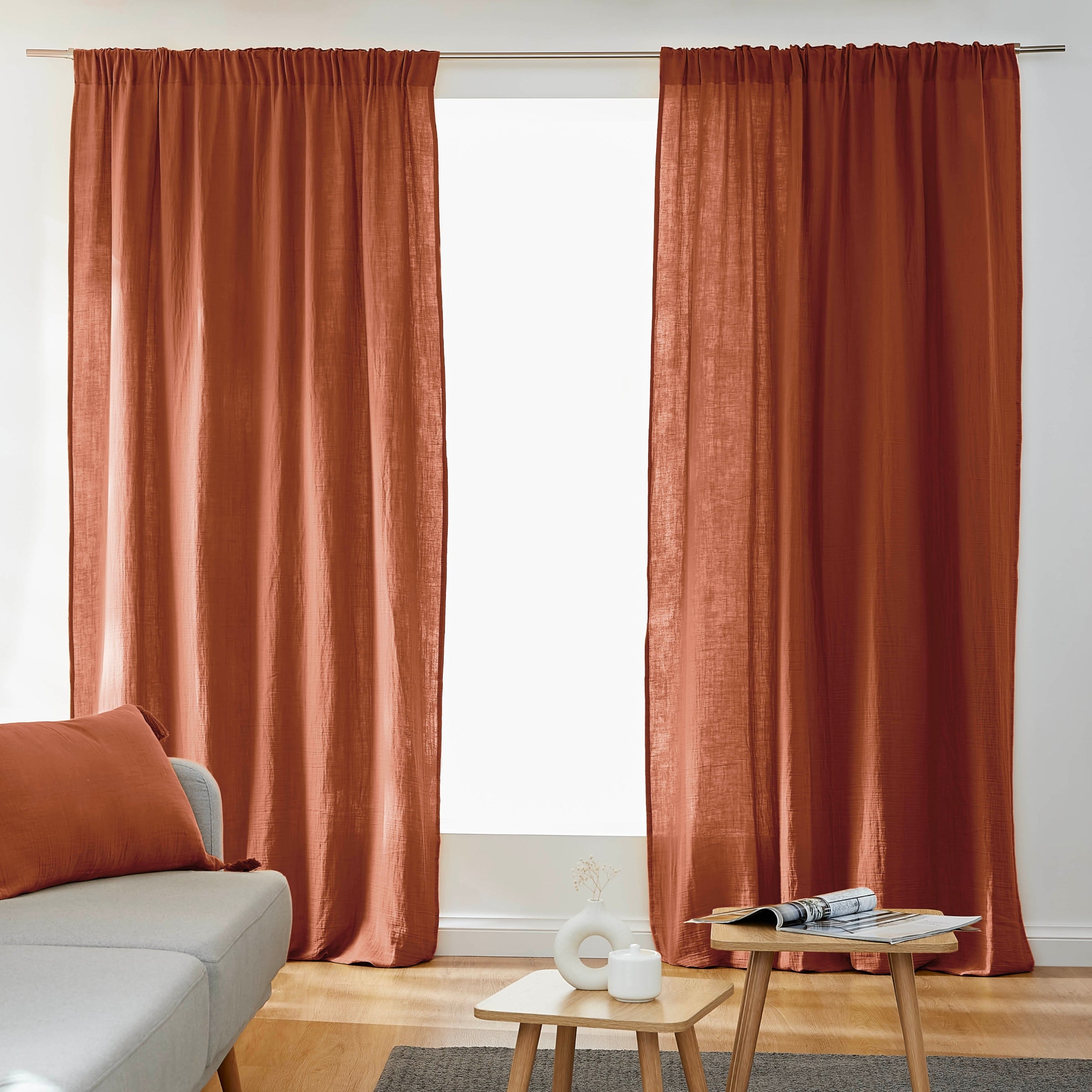 Lot de 2 Rideaux Galon Fronceur double Gaze de coton – Terracotta – 140 ...