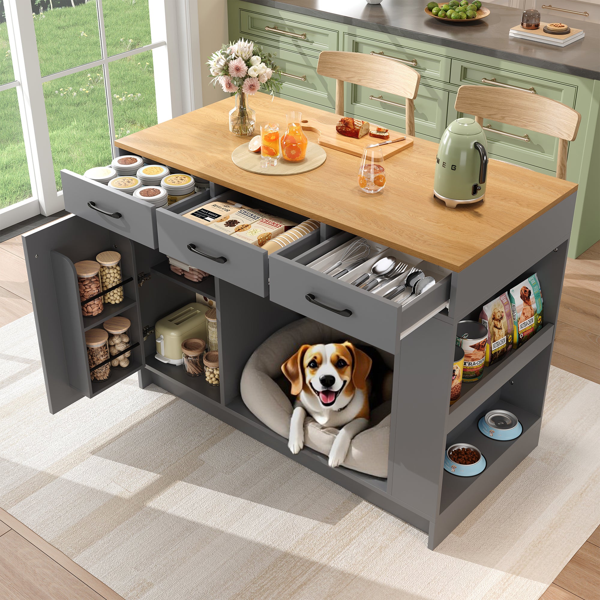 Îlot cuisine 120 cm 3 tiroirs étagère épices rangement animaux gris ...