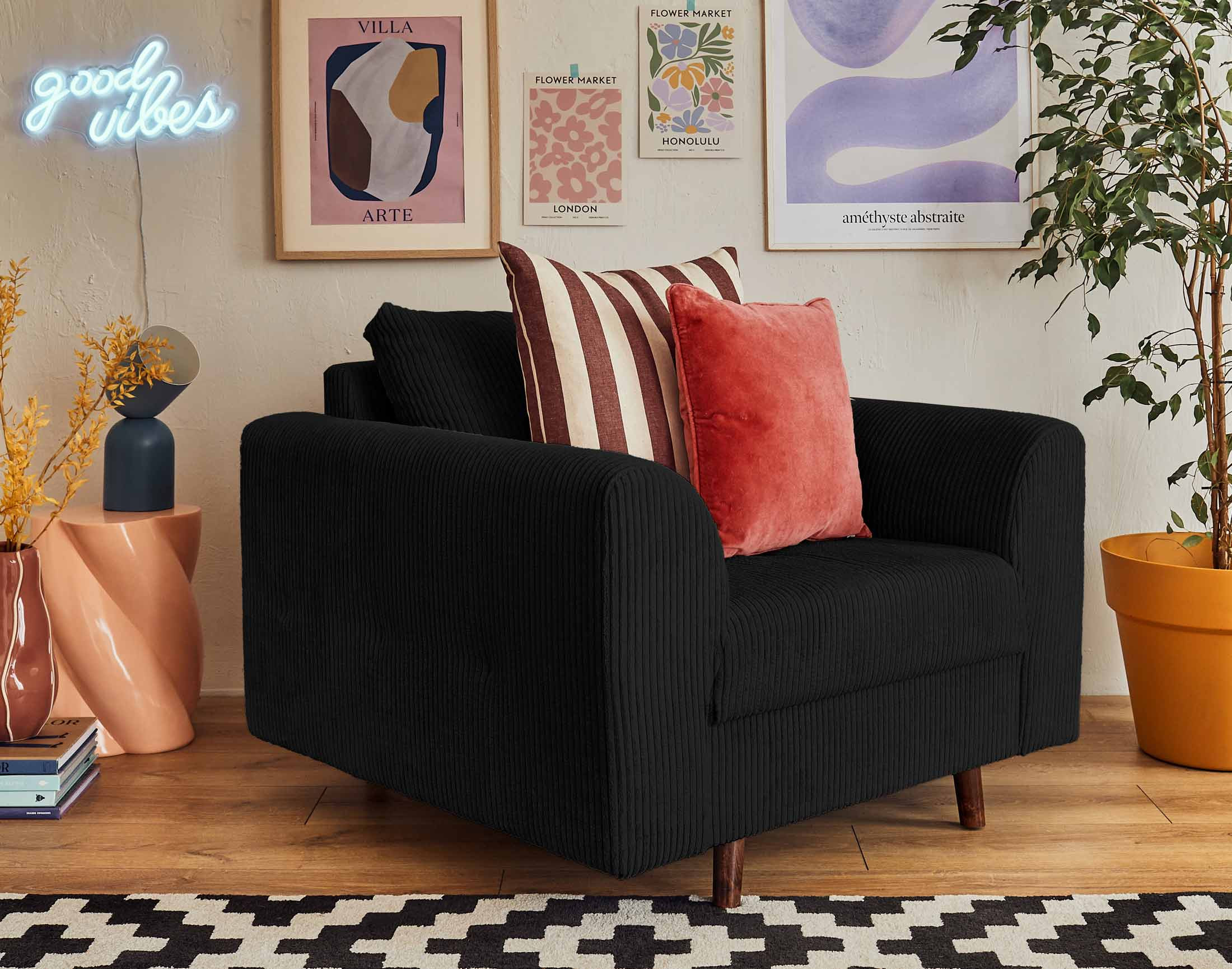 Fauteuil en velours côtelé noir - RUNE - Best Mobilier | Leroy Merlin