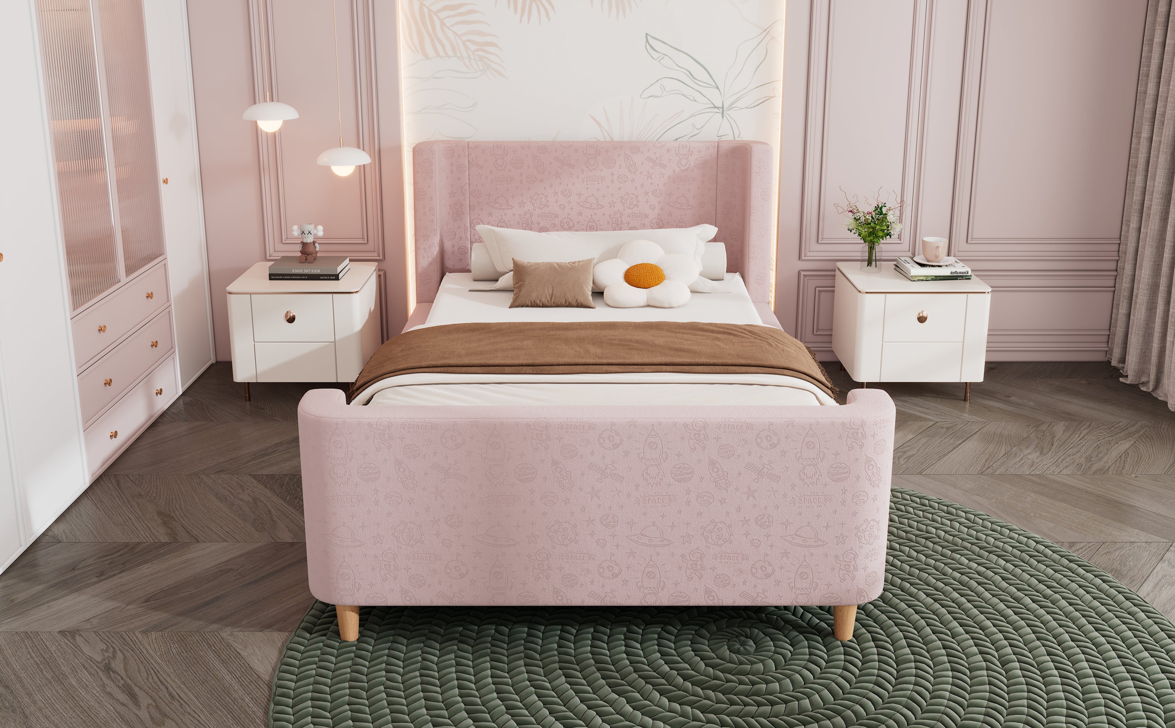 Lit enfant 90x200 cm capitonné en velours Rose (matelas non inclus ...