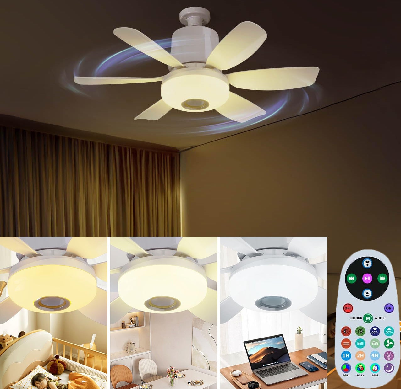 Ventilateur de plafond 48 cm avec télécommande et source lumineuse, 3 ...