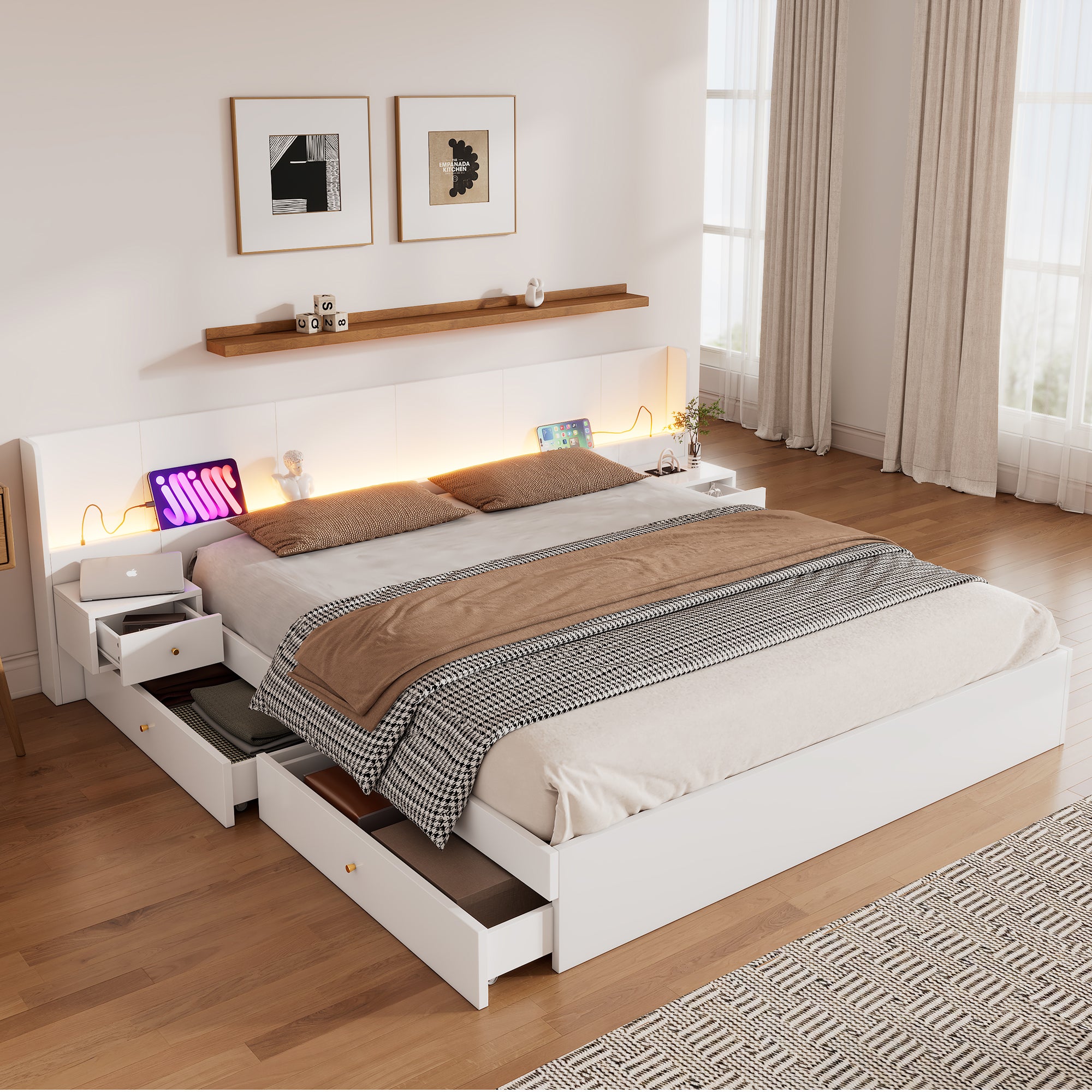 Lit double 180x200 cm avec chevets, ports USB et prises, LED RGB via ...