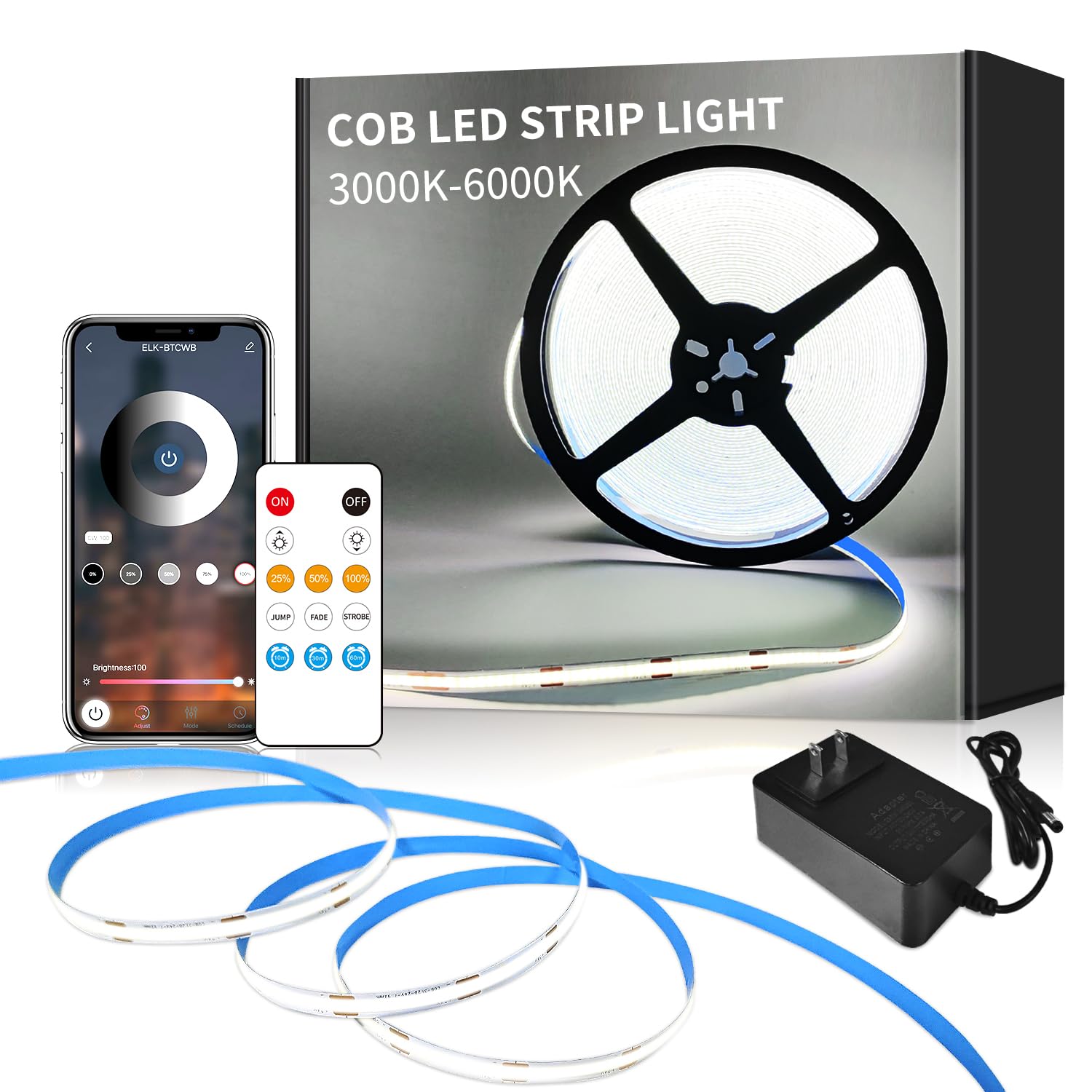 Ruban LED COB 4800 dimmable de 15 m, 24 V, avec télécommande, 3000 K ...