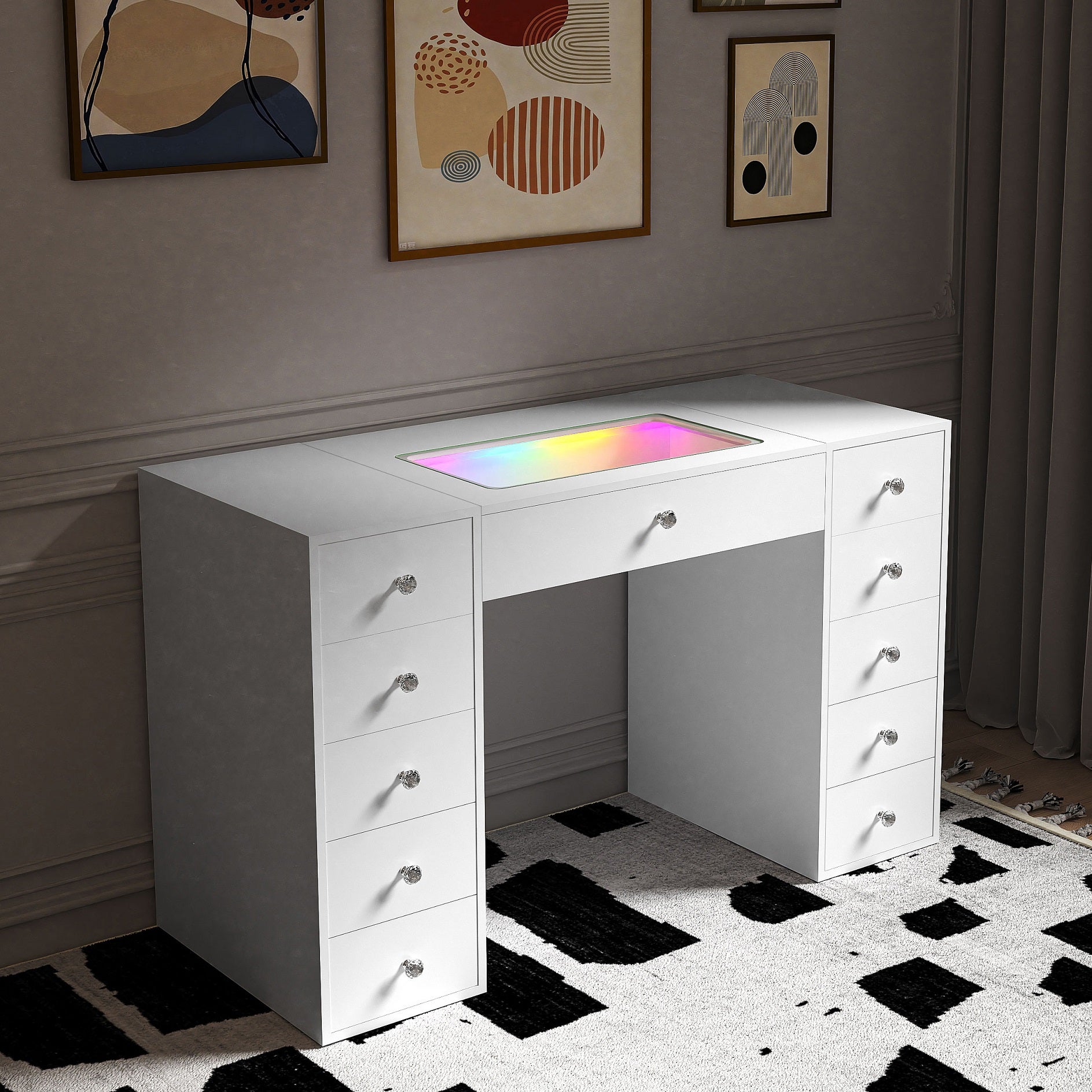 Coiffeuse Verre LED, 11 Tiroirs - 130 x 55 cm - RGB | Leroy Merlin