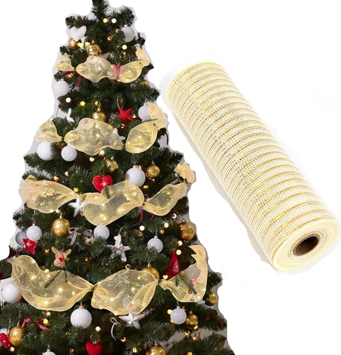 Cinta navideña, cinta decorativa de malla dorada de 9,1 m para árbol de ...