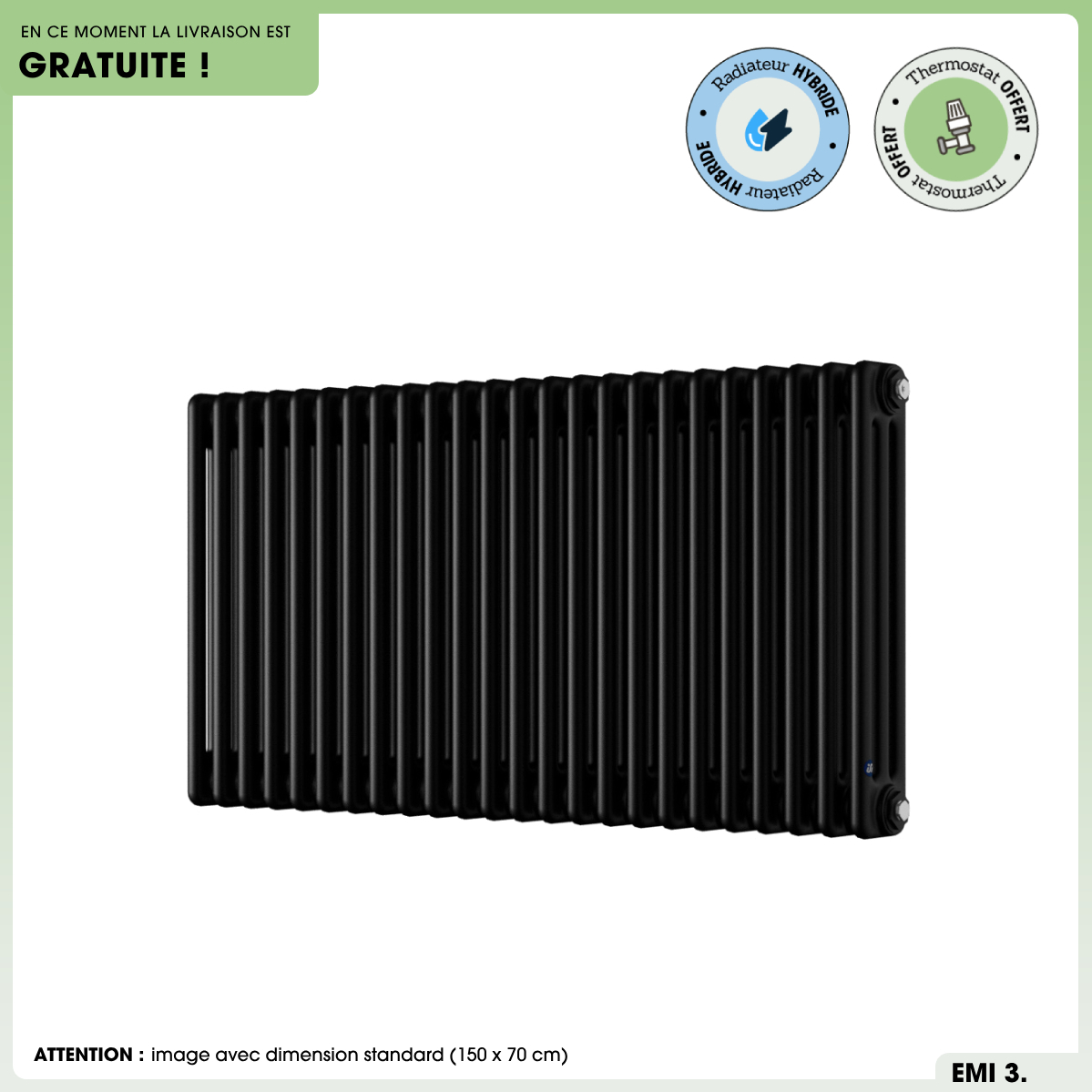 Radiateur Eau Chaude Mixte avec Thermostat OFFERT | EMI 3 - Noir Mat | 2900 W | 116,5 x 120 cm ...