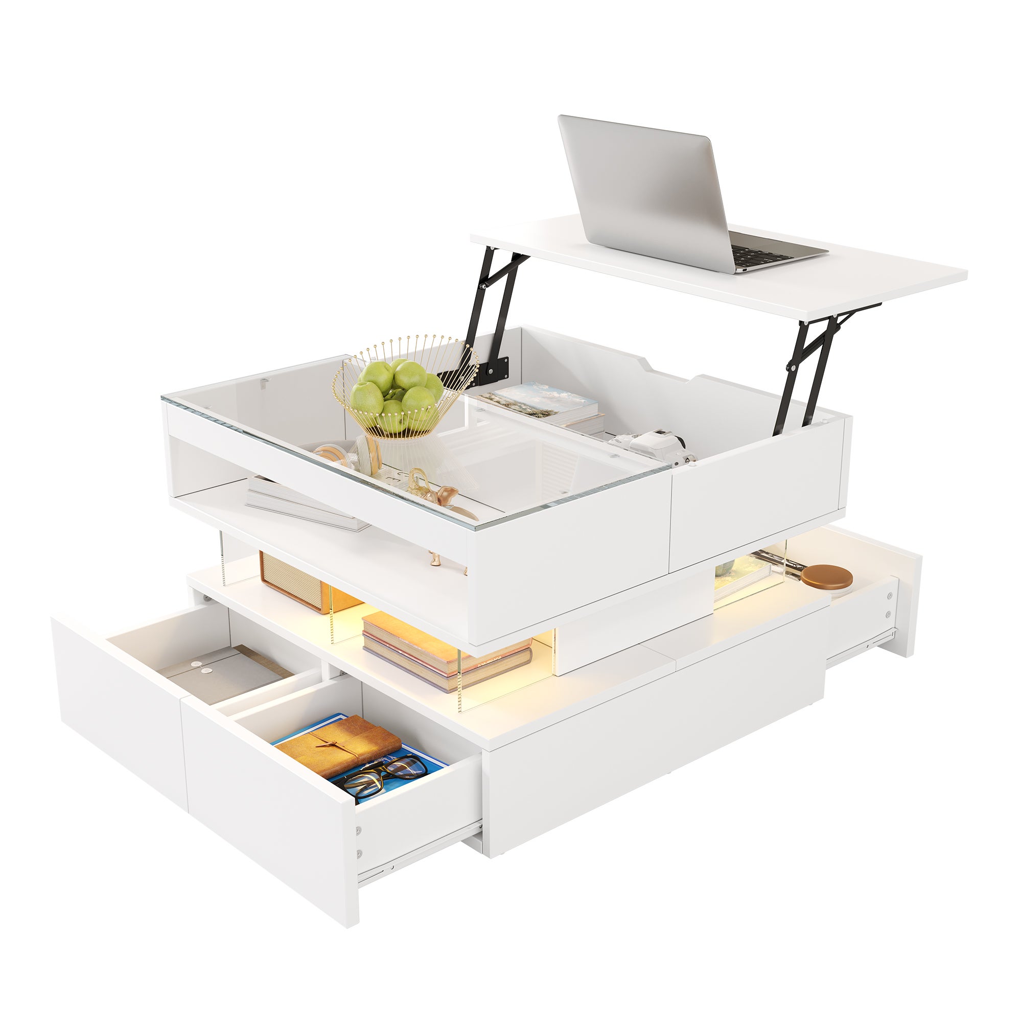 Table basse carrée relevable avec 4 tiroirs et compartiments ouverts ...