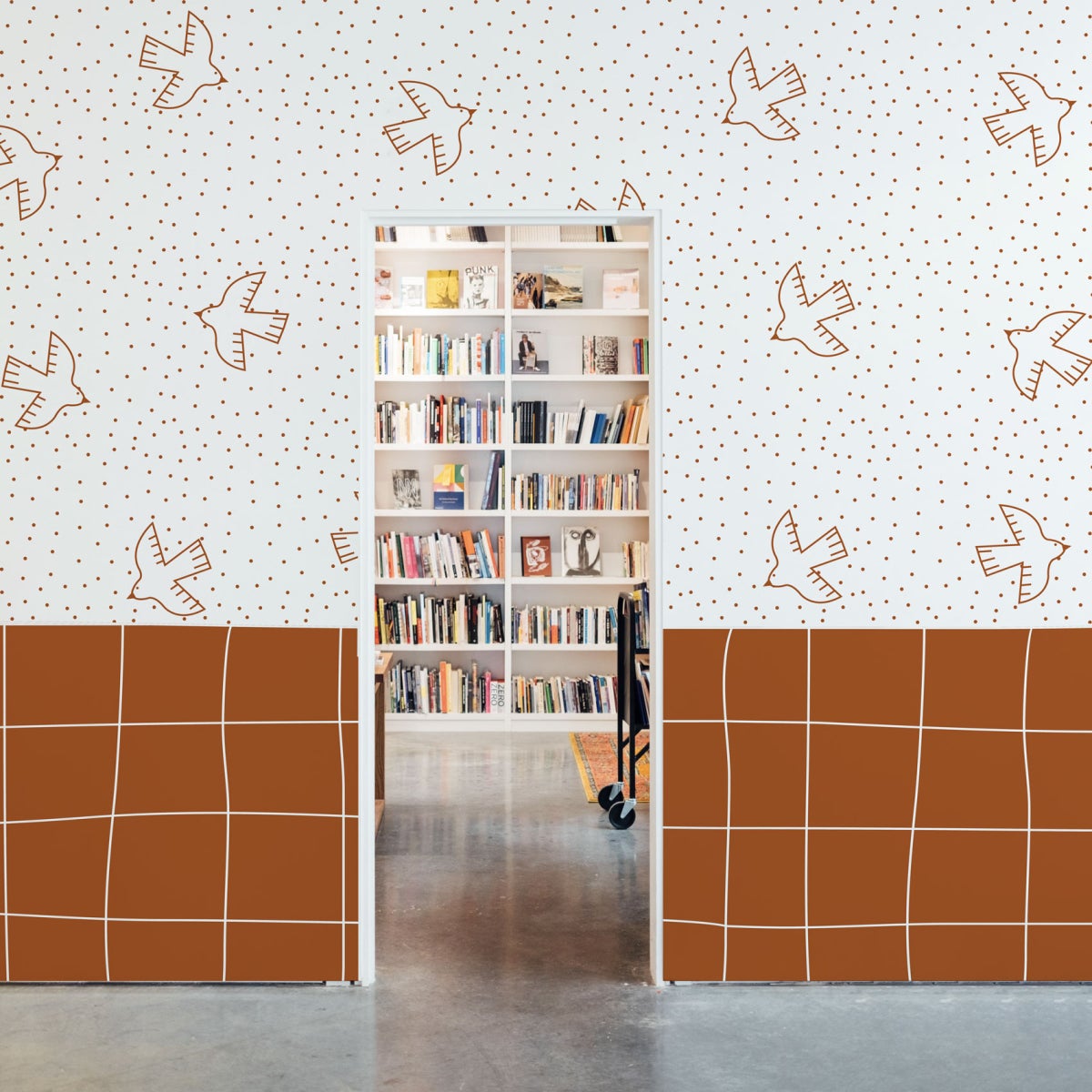 Papel pintado panorámico con zócalo y pájaro, Marrón 225 x 250cm ...