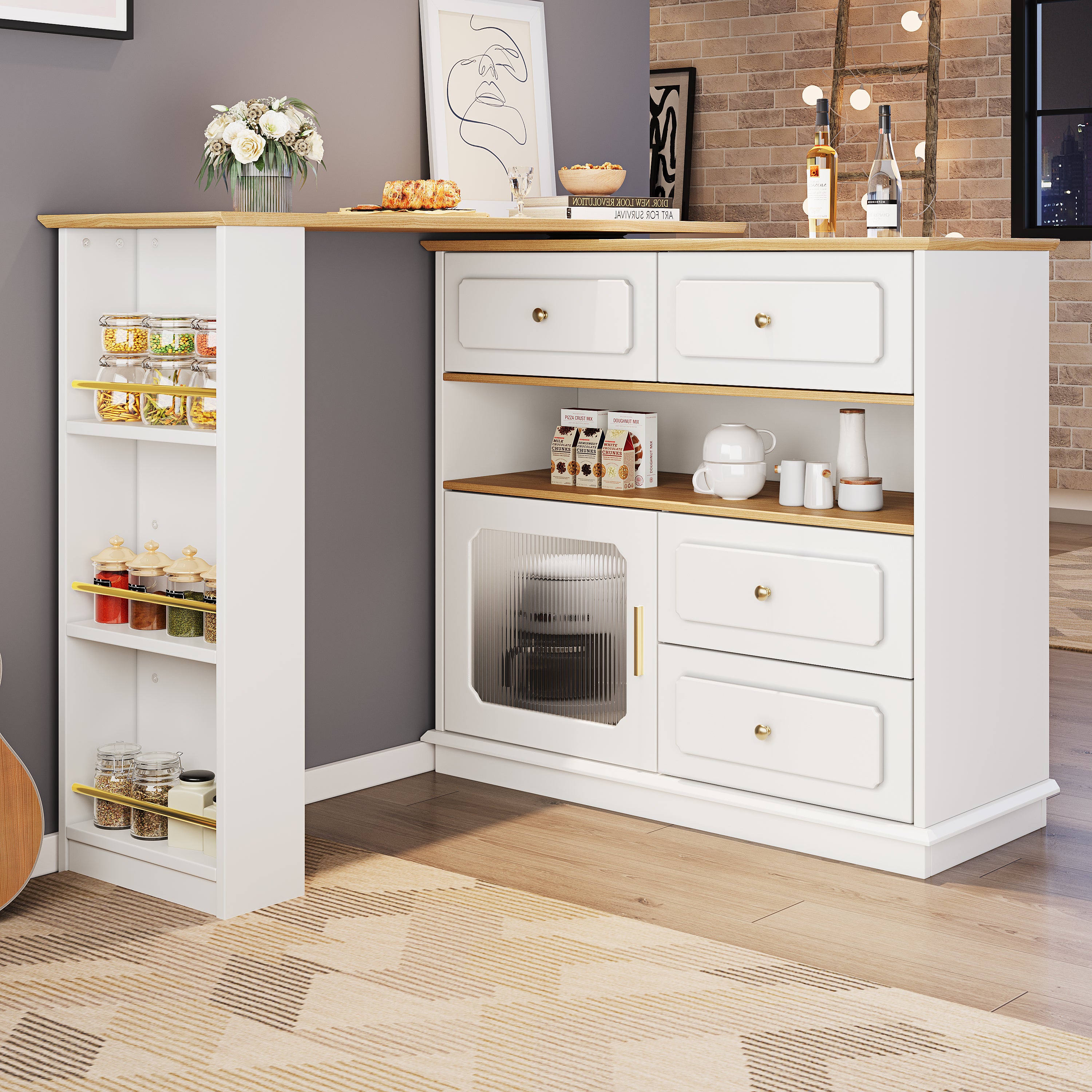 Buffet extensible avec 1 porte et 4 tiroirs 125-181 × 39 × 104,5 cm ...