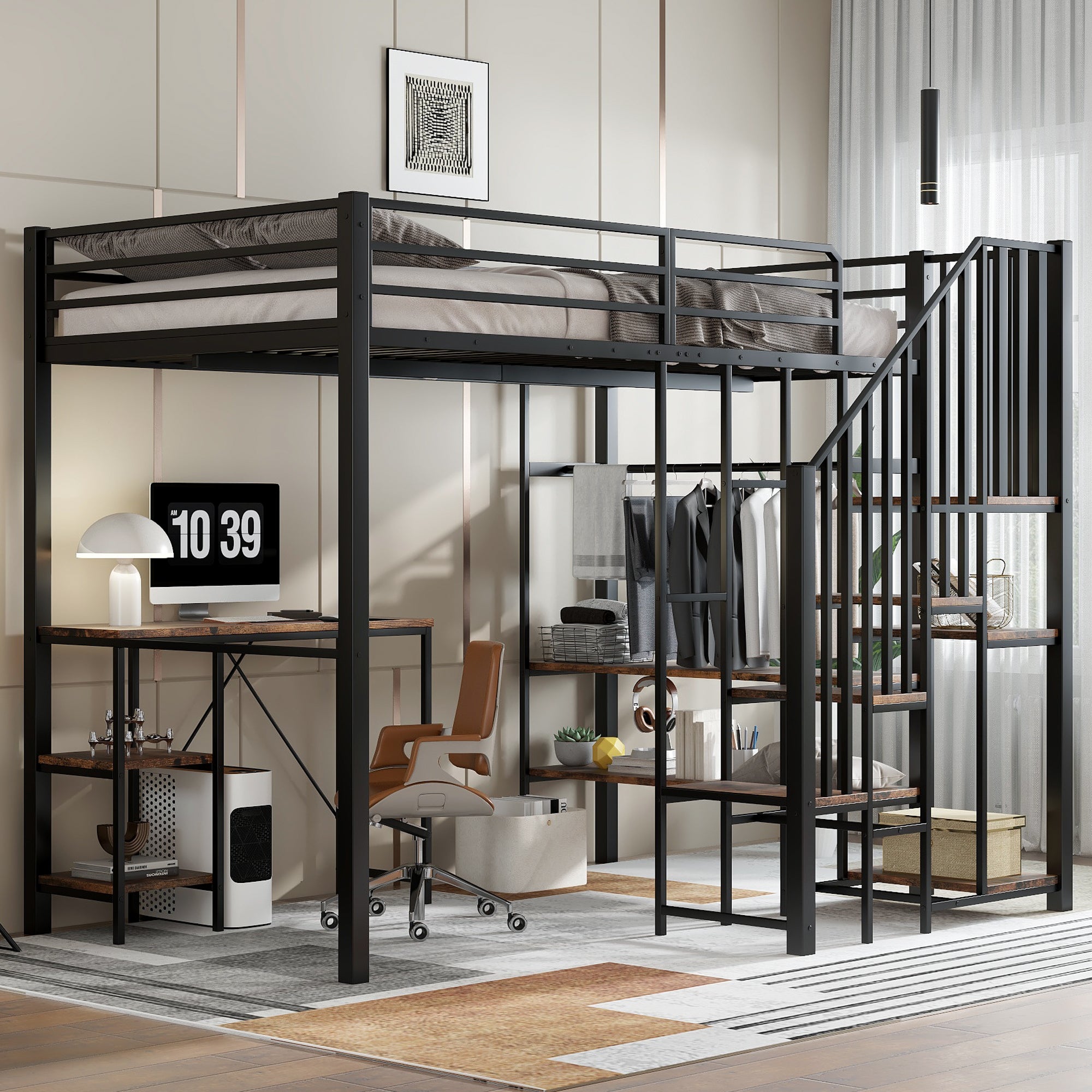 Lit superposé 120×200 cm avec bureau, étagères et penderie ouverte ...