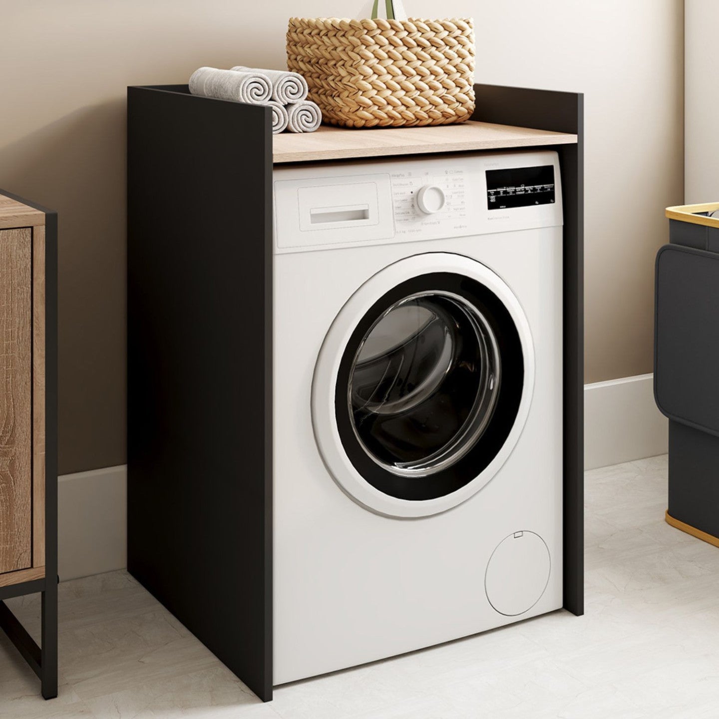 Meuble armoire pour machine à laver ou sèche linge WALLIS noir et hêtre ...