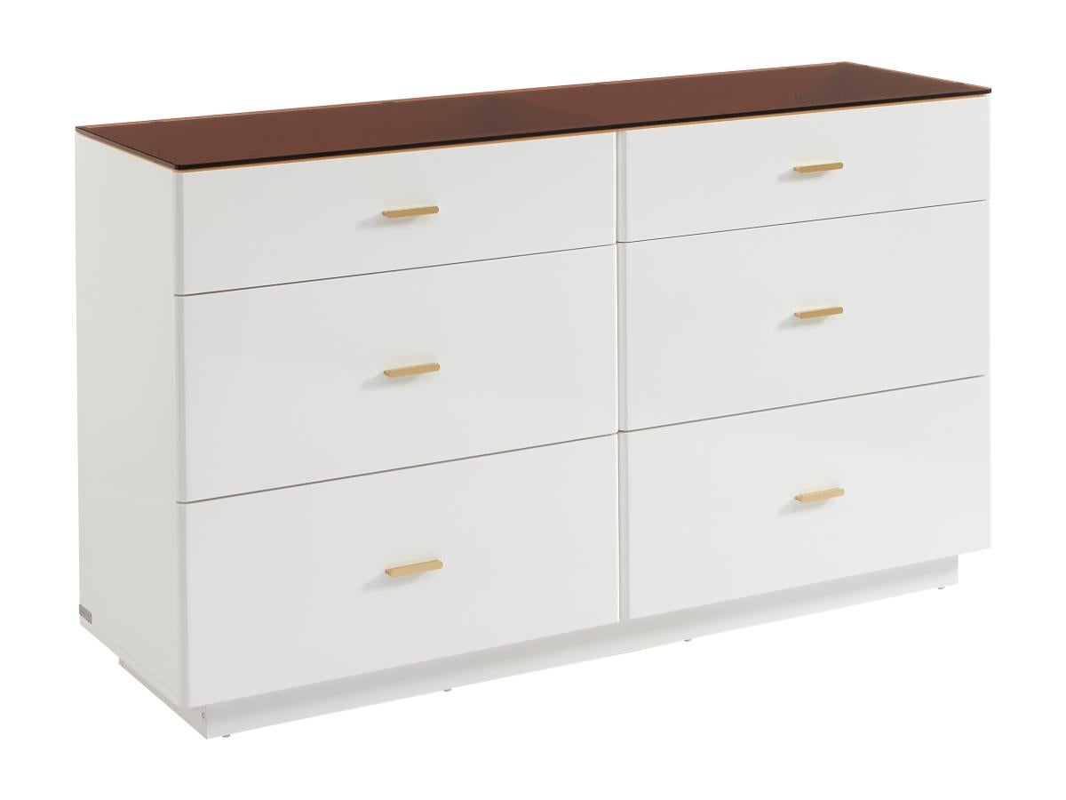Commode 6 tiroirs - MDF et verre trempé - Blanc laqué et marron ...