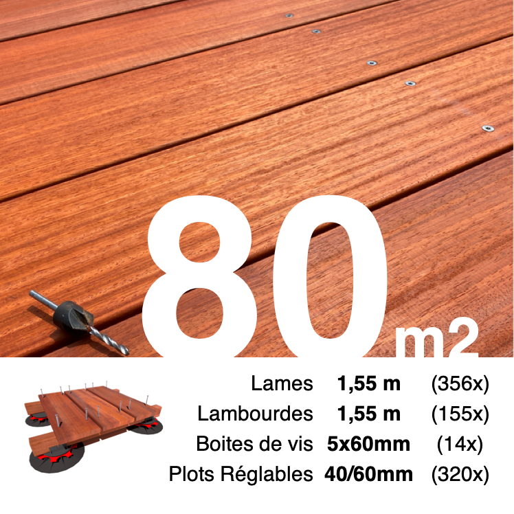 Kit complet terrasse bois exotique PADOUK pour 80 m² • Lames 1,55 m ...