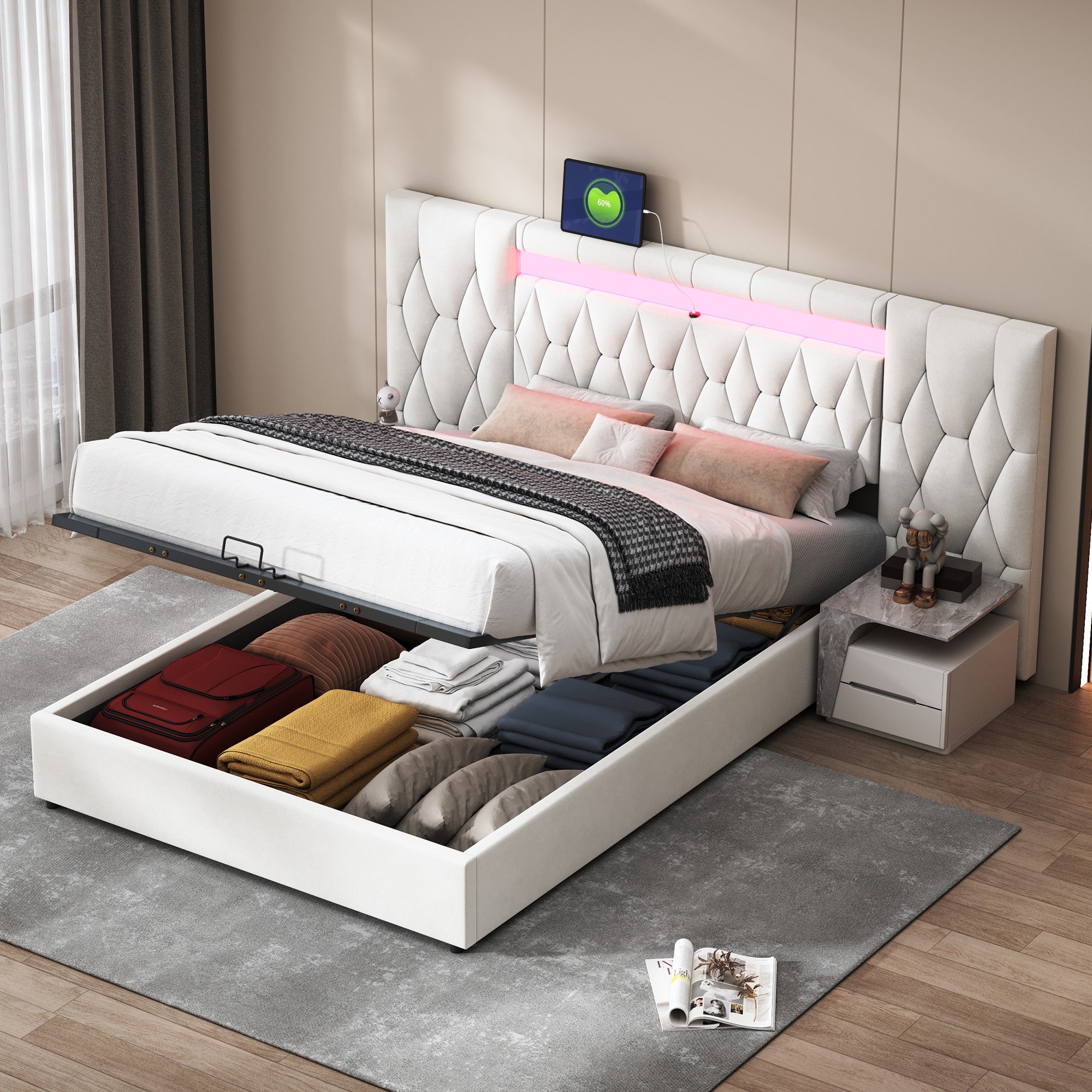 Lit coffre 140x200 cm, Lit capitonné beige avec grand dossier, prise ...