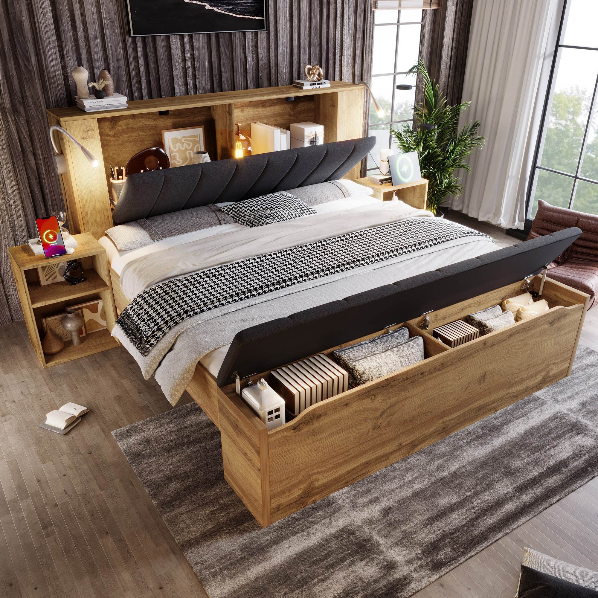 Cama arcón 160x200 doble para adultos,cabecero tapizado lino con ...