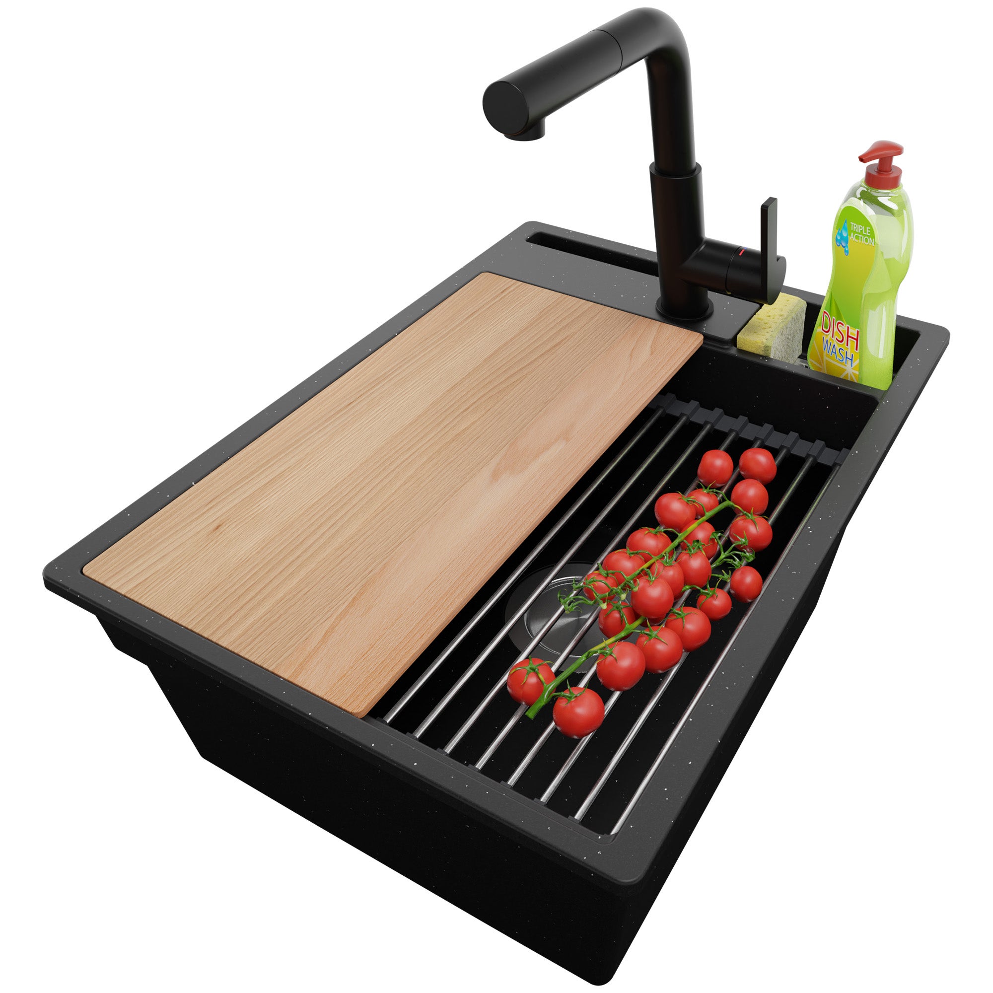 Evier Cuisine en Granit Noir Métallisé 38x53cm, 1 bac + Kit de Vidage ...