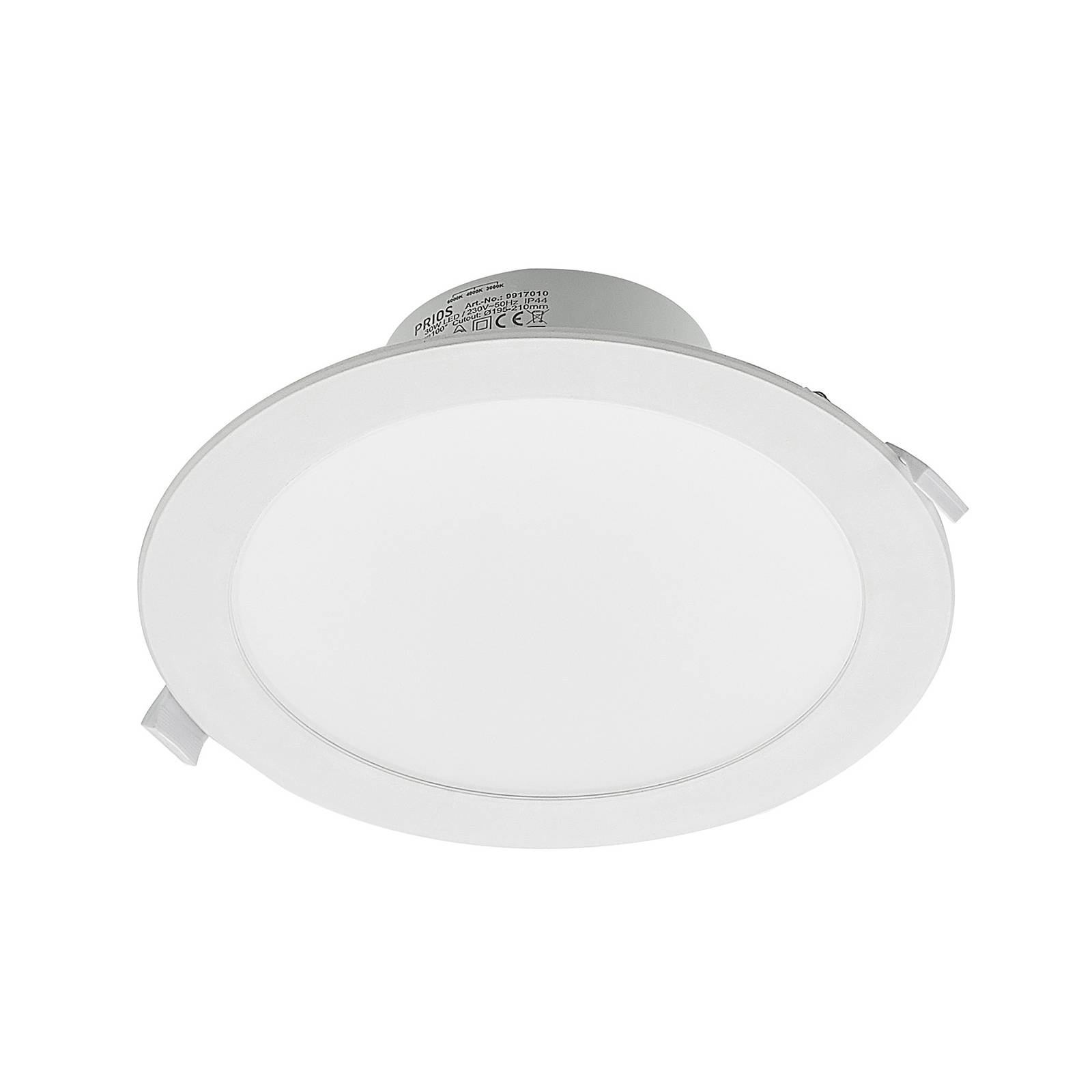 Prios foco empotrable LED Rida, blanco. Ø 23 cm, 30W, CCT, IP44, foco, foco empotrado, lámpara ...