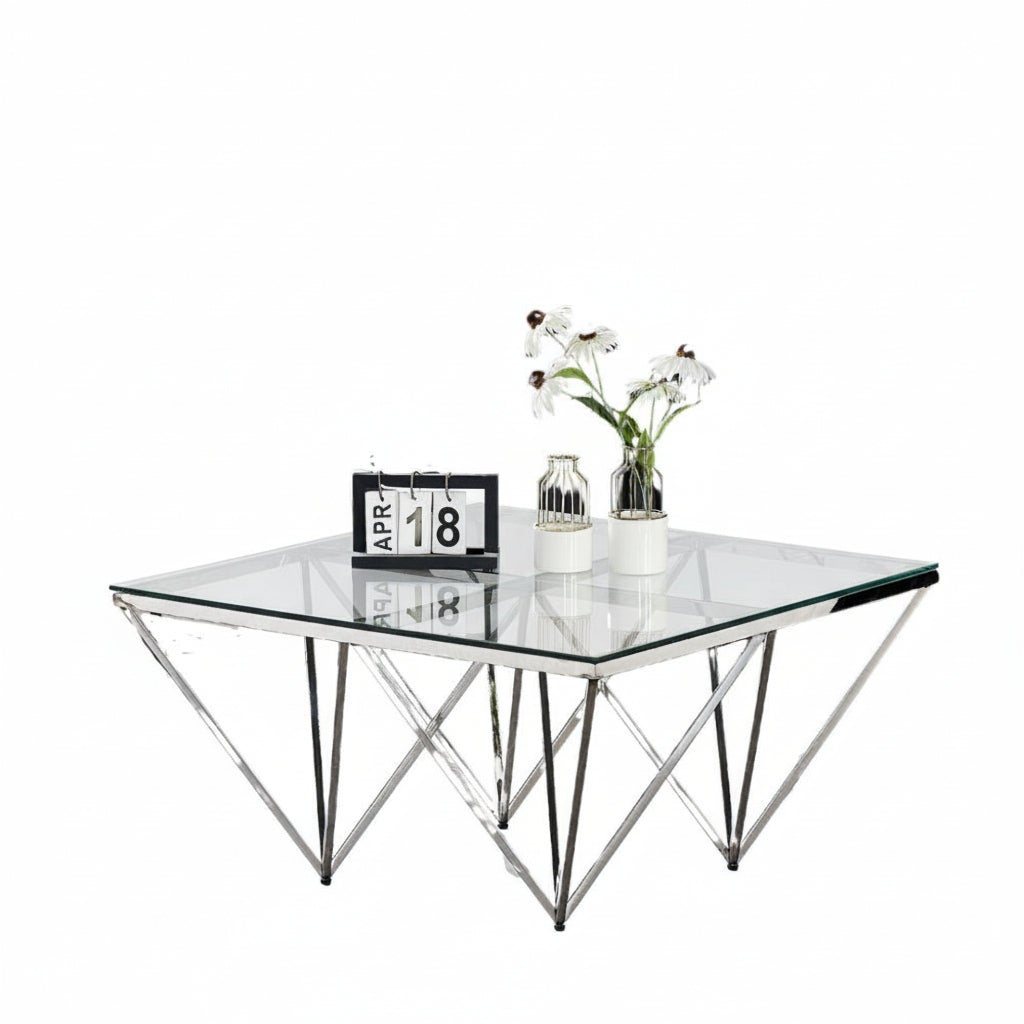 Table Basse Carrée GIZE Plateau Verre Trempé Transparent Pieds Chrome ...