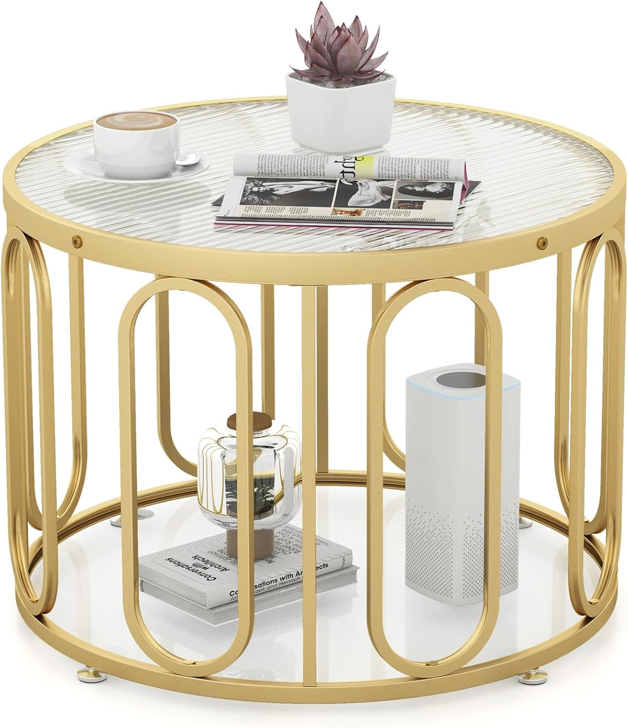 COSTWAY Table Basse Ronde en Verre 2 Niveaux, 8 Supports Pivotants ...