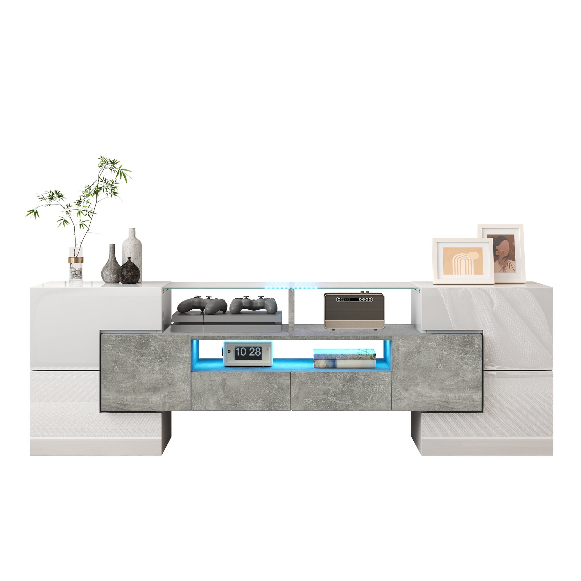 Meuble TV élégant, lowboard. Blanc brillant, 145 cm, éclairage LED ...