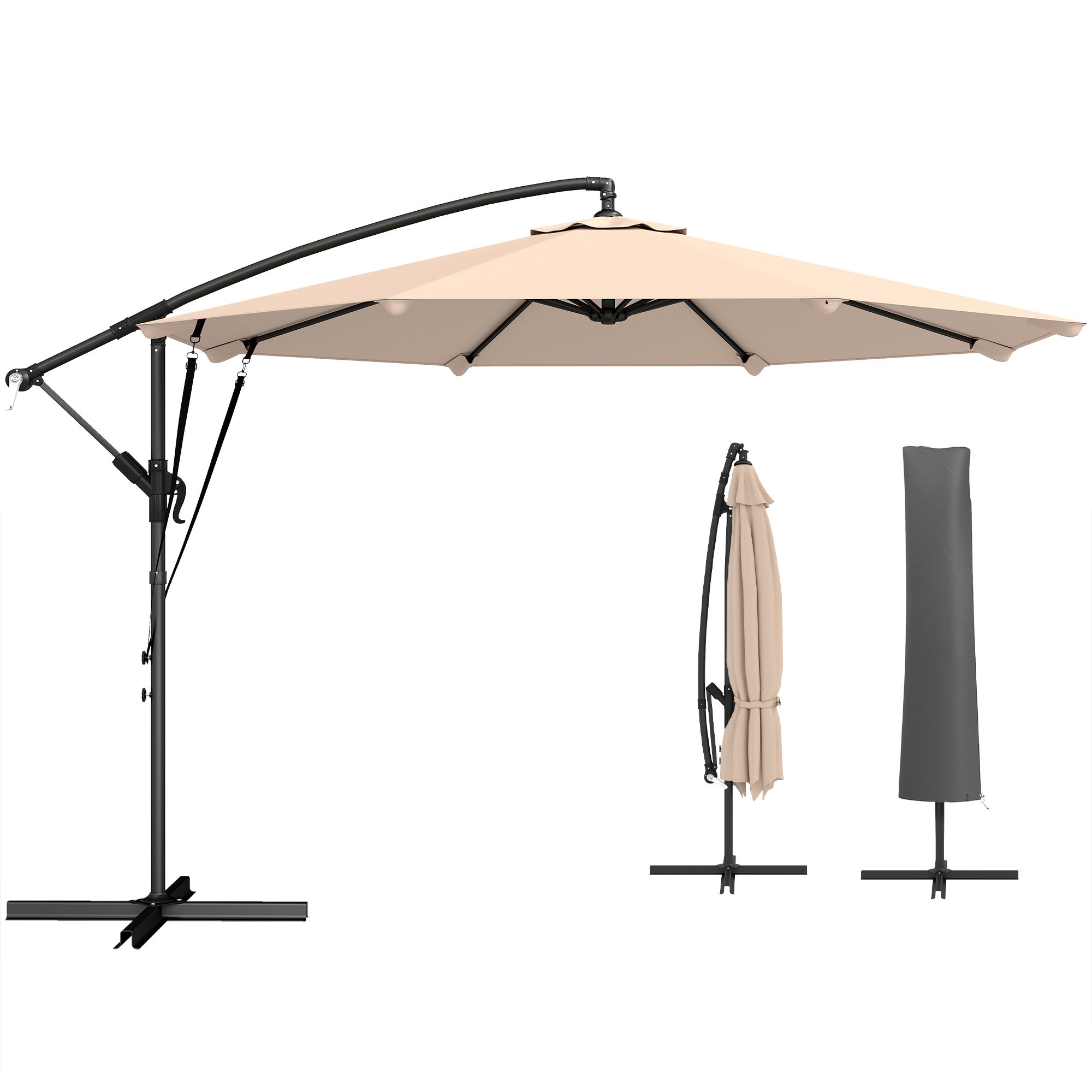 Parasol porte-à-faux Ø3 m base transversale manivelle, métal/PP ...