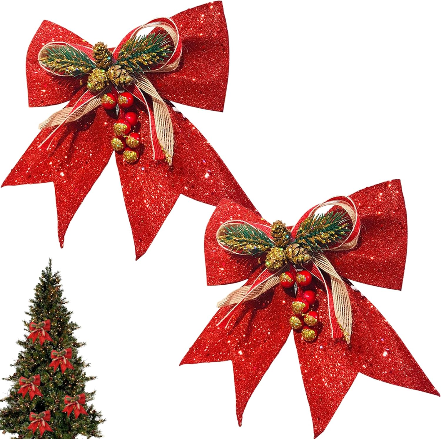 Juego de 2 lazos navideños rojos, lazos grandes con lentejuelas ...
