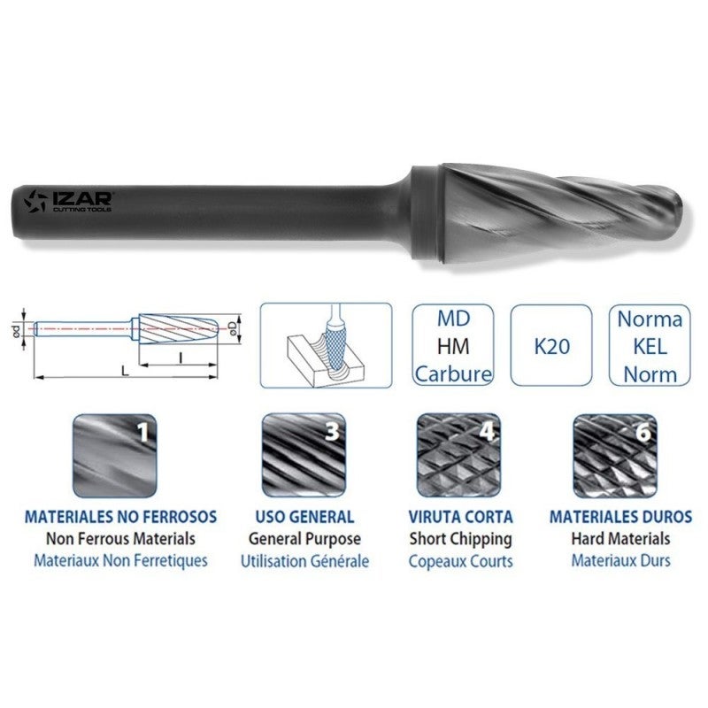 IZAR 44774 - Fresa rotativa metal duro norma-kel conica redondeada 12 ...