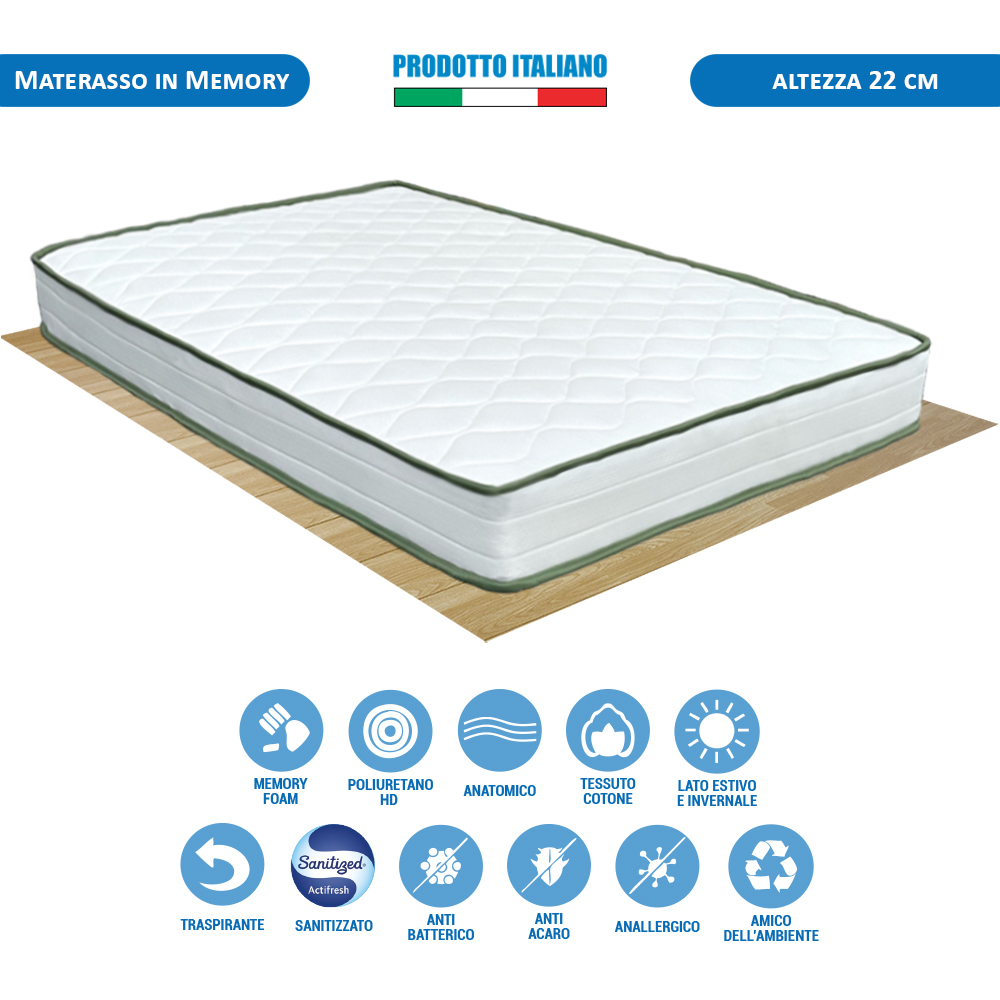 Materasso memory foam Olanda piazza e mezza 120x190 alto 22cm antiacaro ...