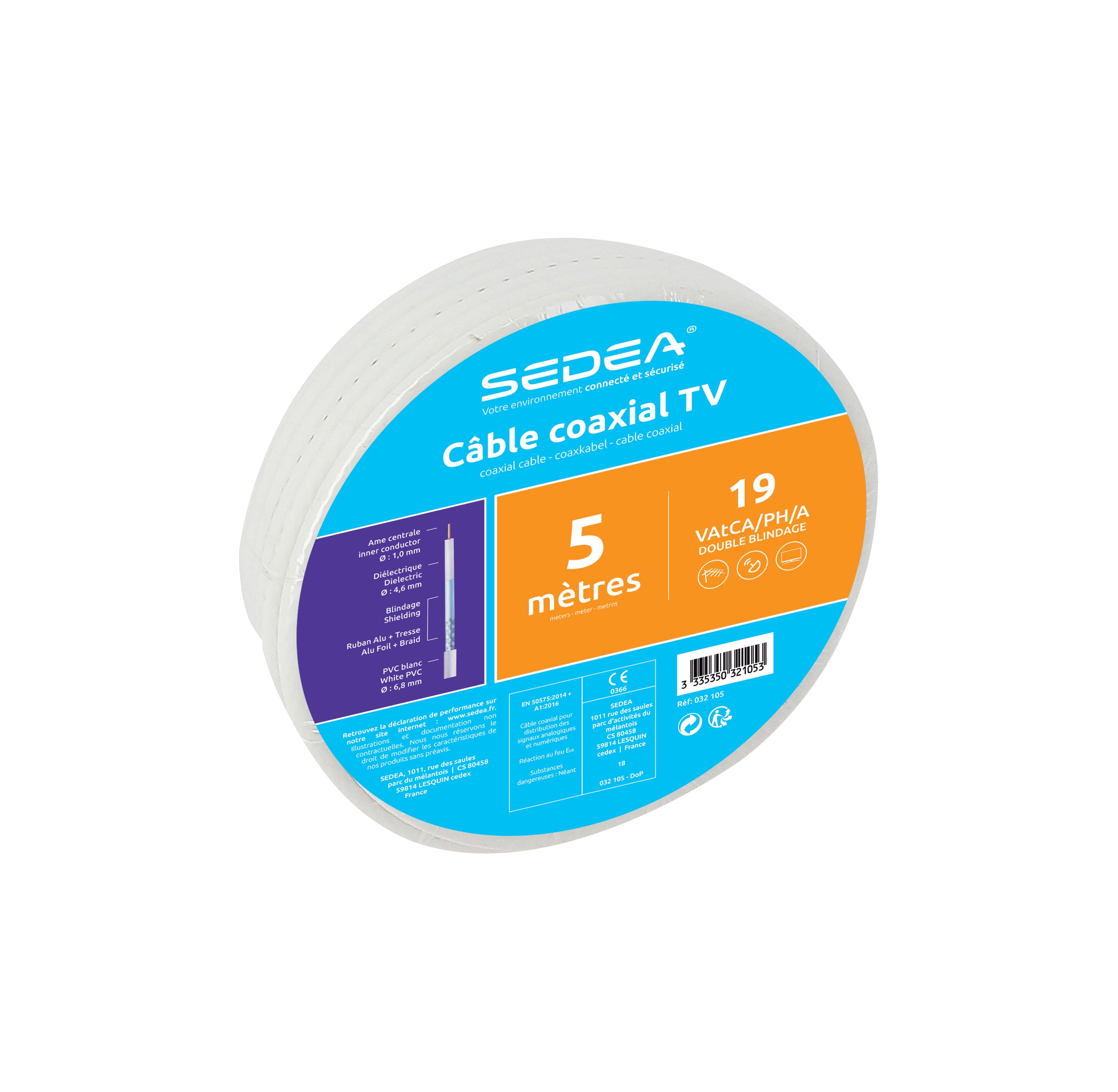 Cable coaxial 19 VAtCA/PH/A (5m - Couronne) Double Blindage - blanc ...