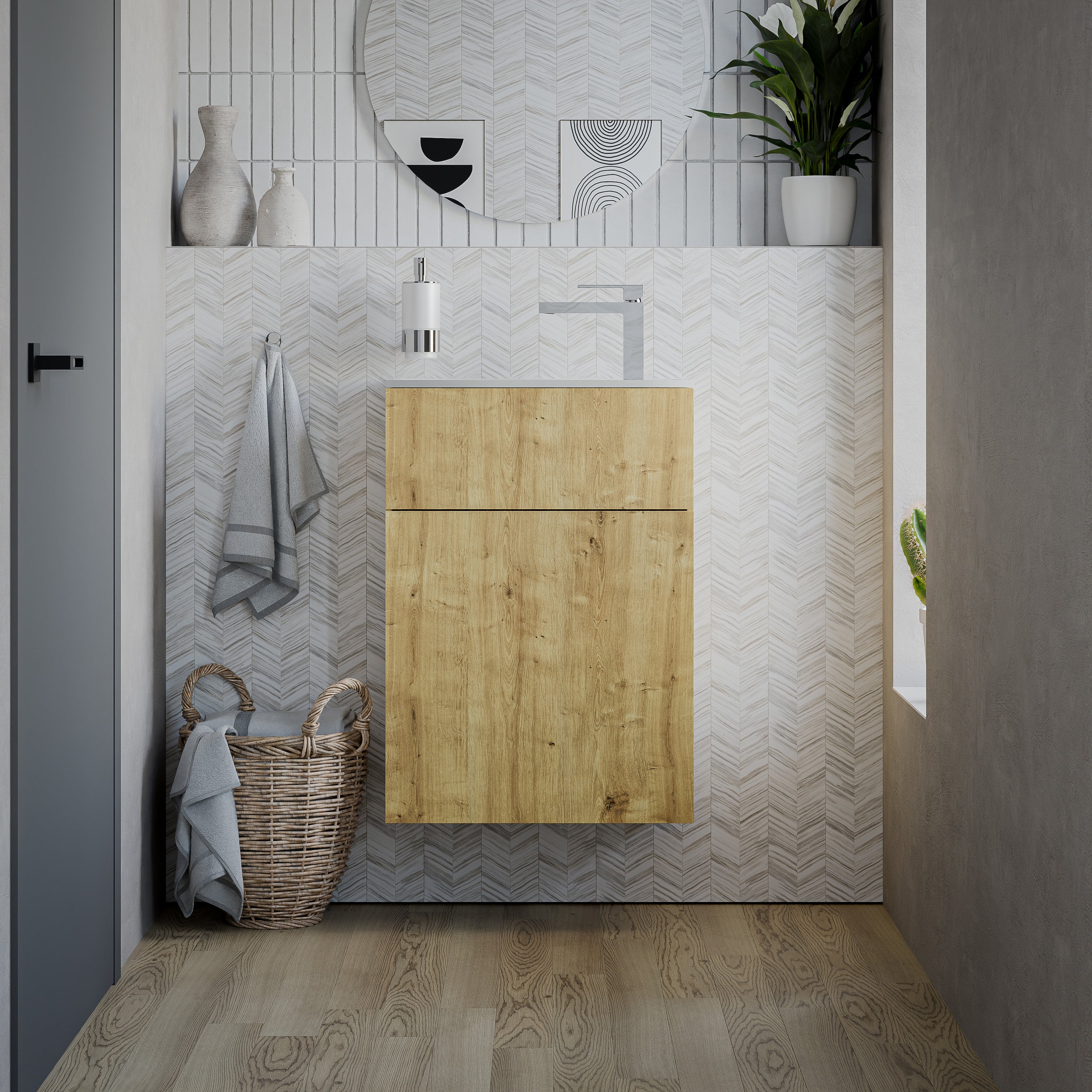 BERNSTEIN Mueble lavabo suspendido MDF roble miel + lavabo blanco mate ...