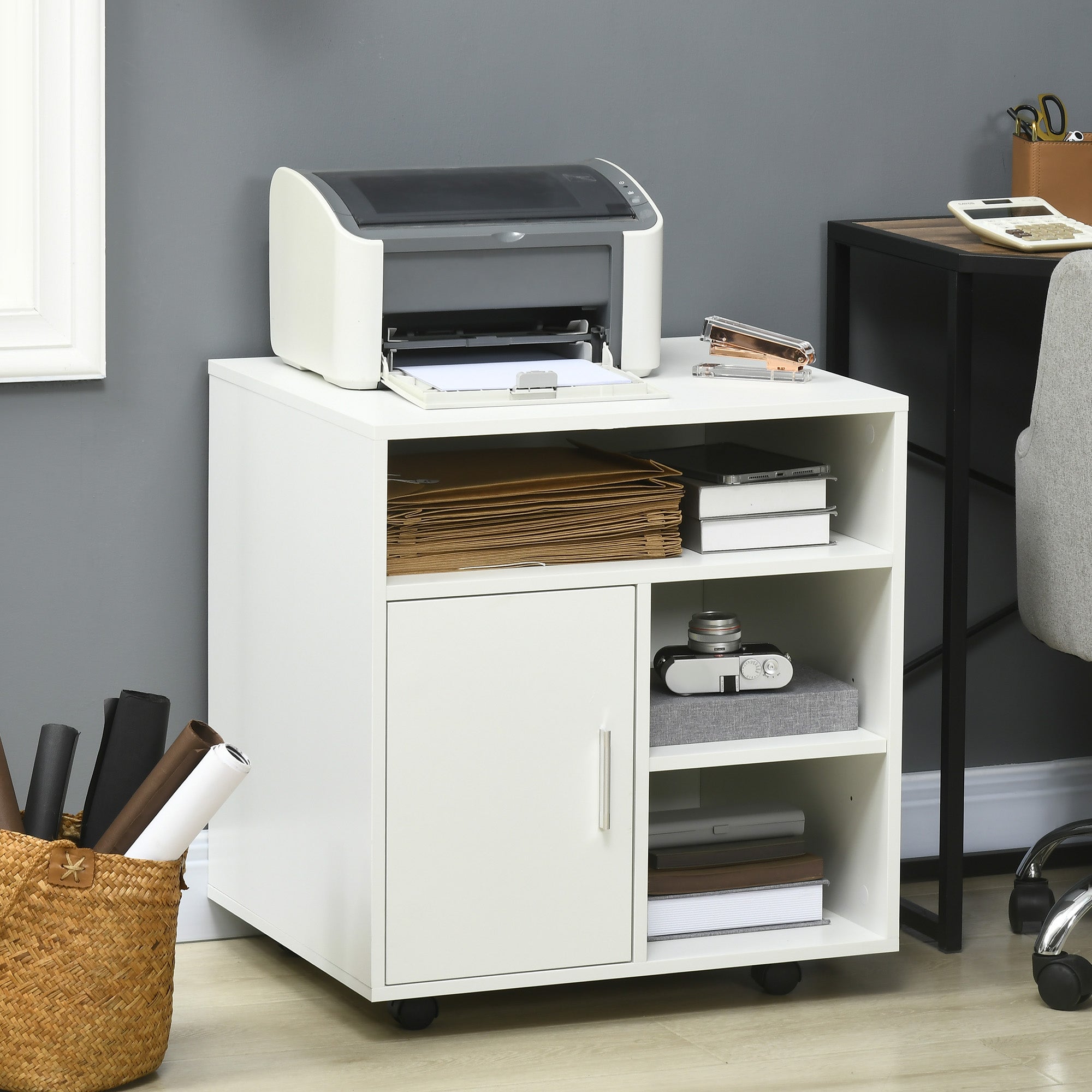 Support d'imprimante bureau avec 3 niches et grand plateau en panneaux ...