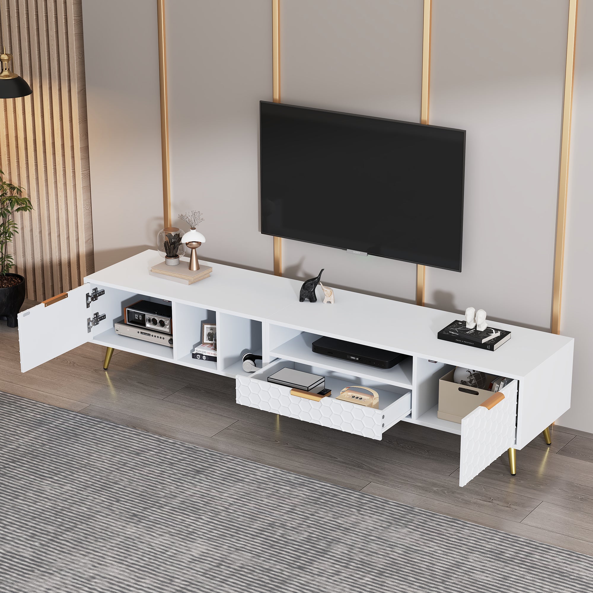 Meuble TV 180 cm avec Motif Alvéolé et Rangements Ouverts , Banc TV ...