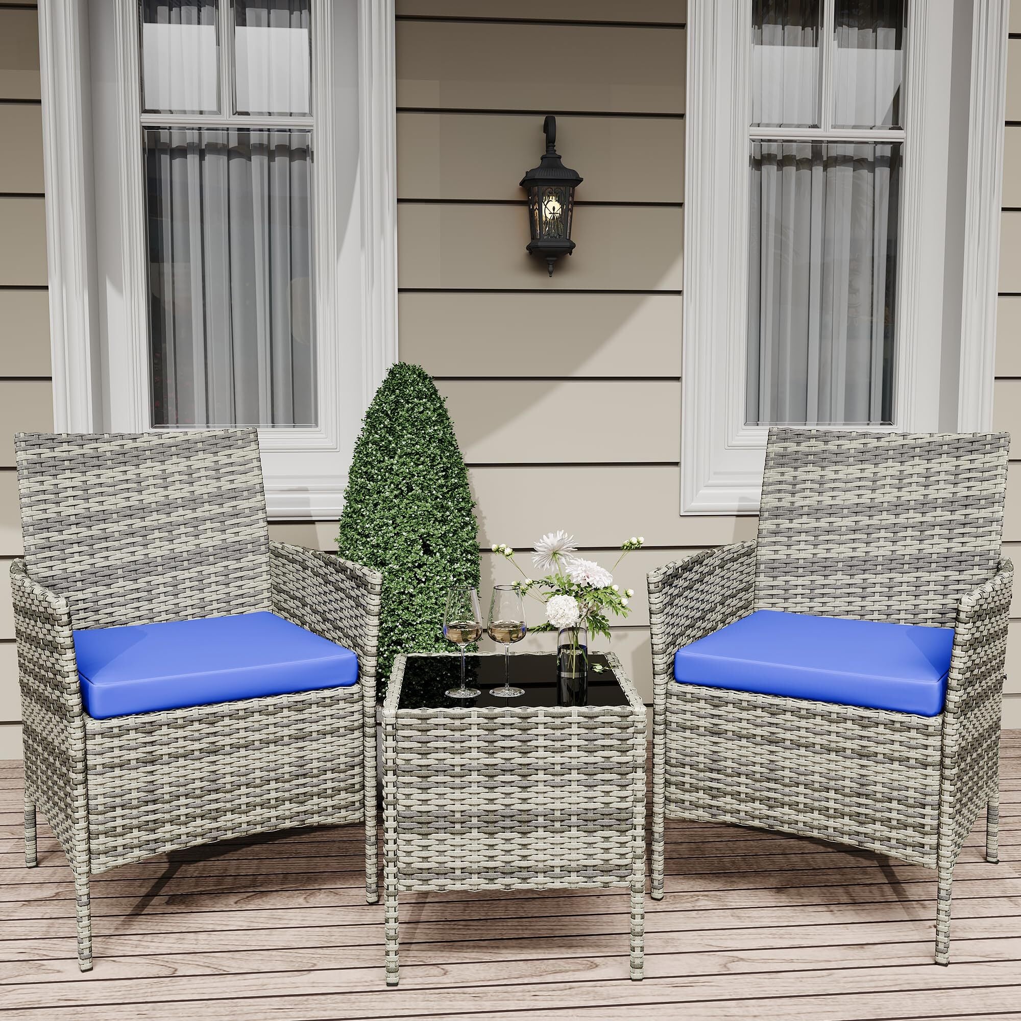 Ensemble Salon de Jardin 3 Pièces avec 2 Fauteuils en Rotin Coussins ...