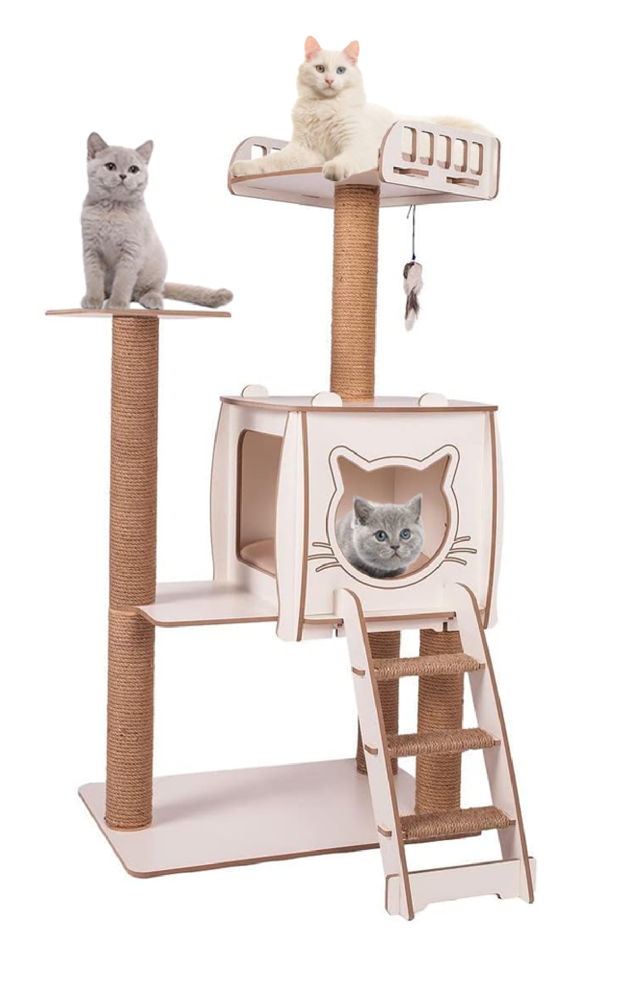Arbre à chat avec niche escalier et poteaux en griffoir plateforme et ...
