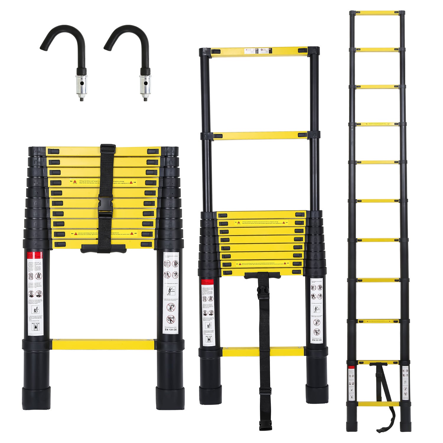 Escalera telescópica 3,2 m negra + gancho de escalera de aluminio ...
