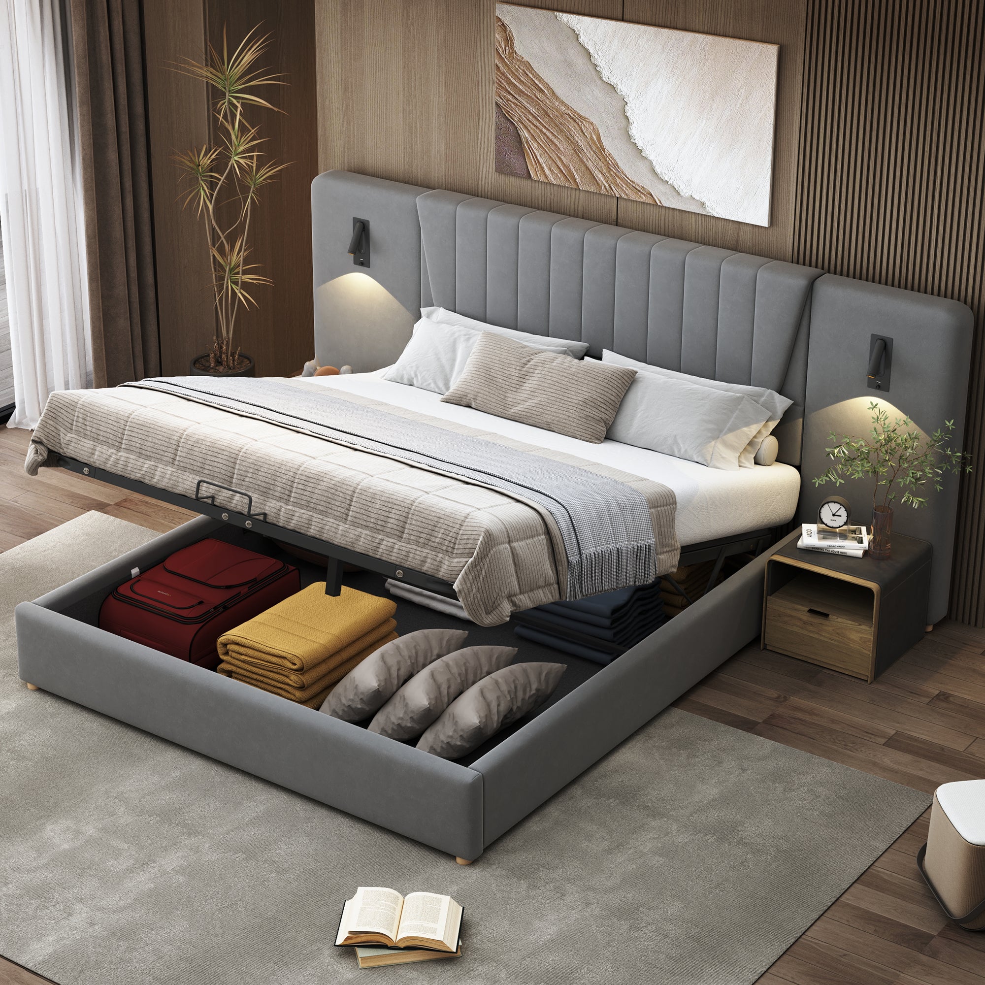 Lit coffre 180x200 cm, lit double capitonné gris avec lampe de lecture ...