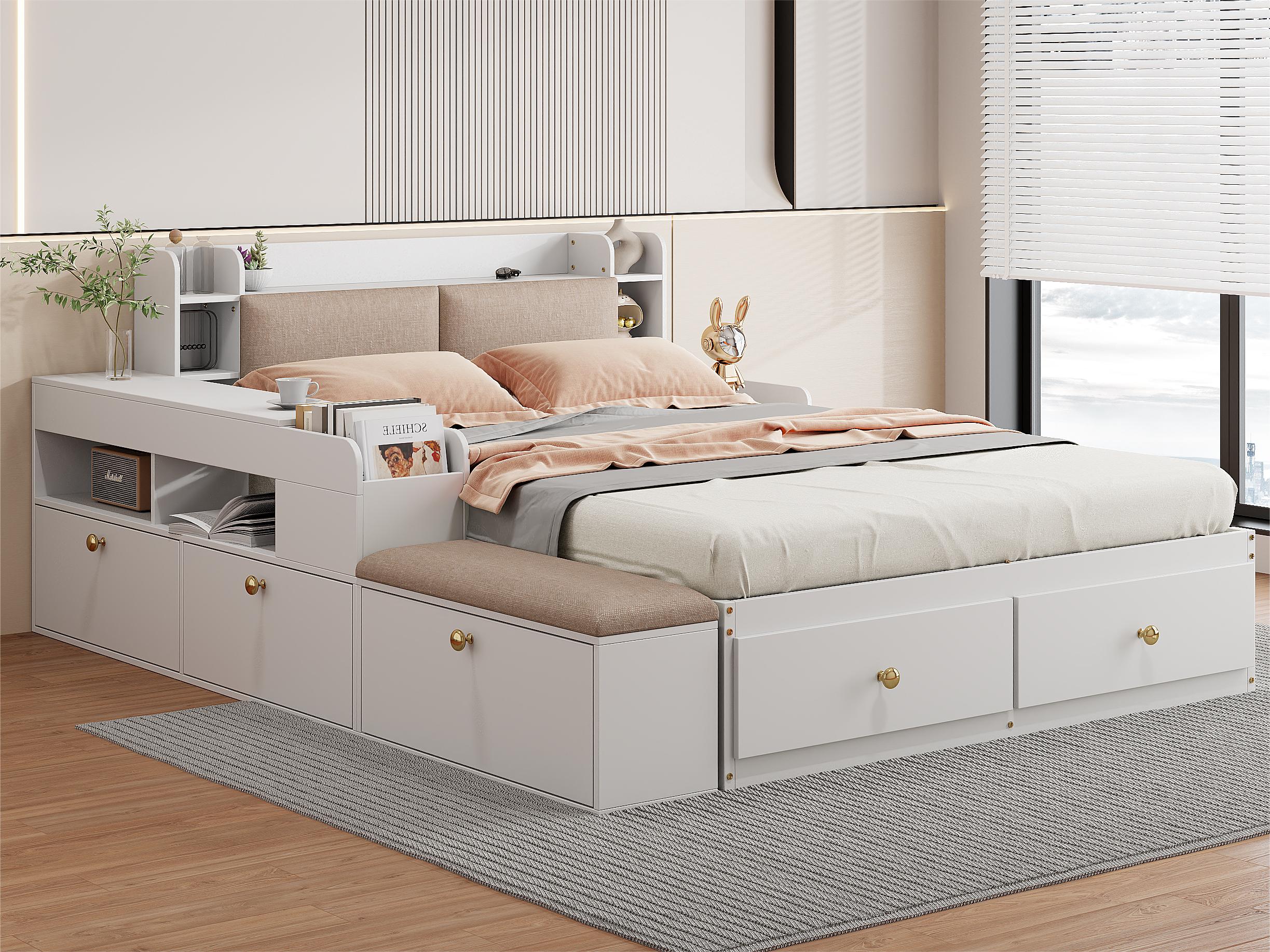 Lit double en bois massif 140x200cm - avec tiroirs et tabouret de ...