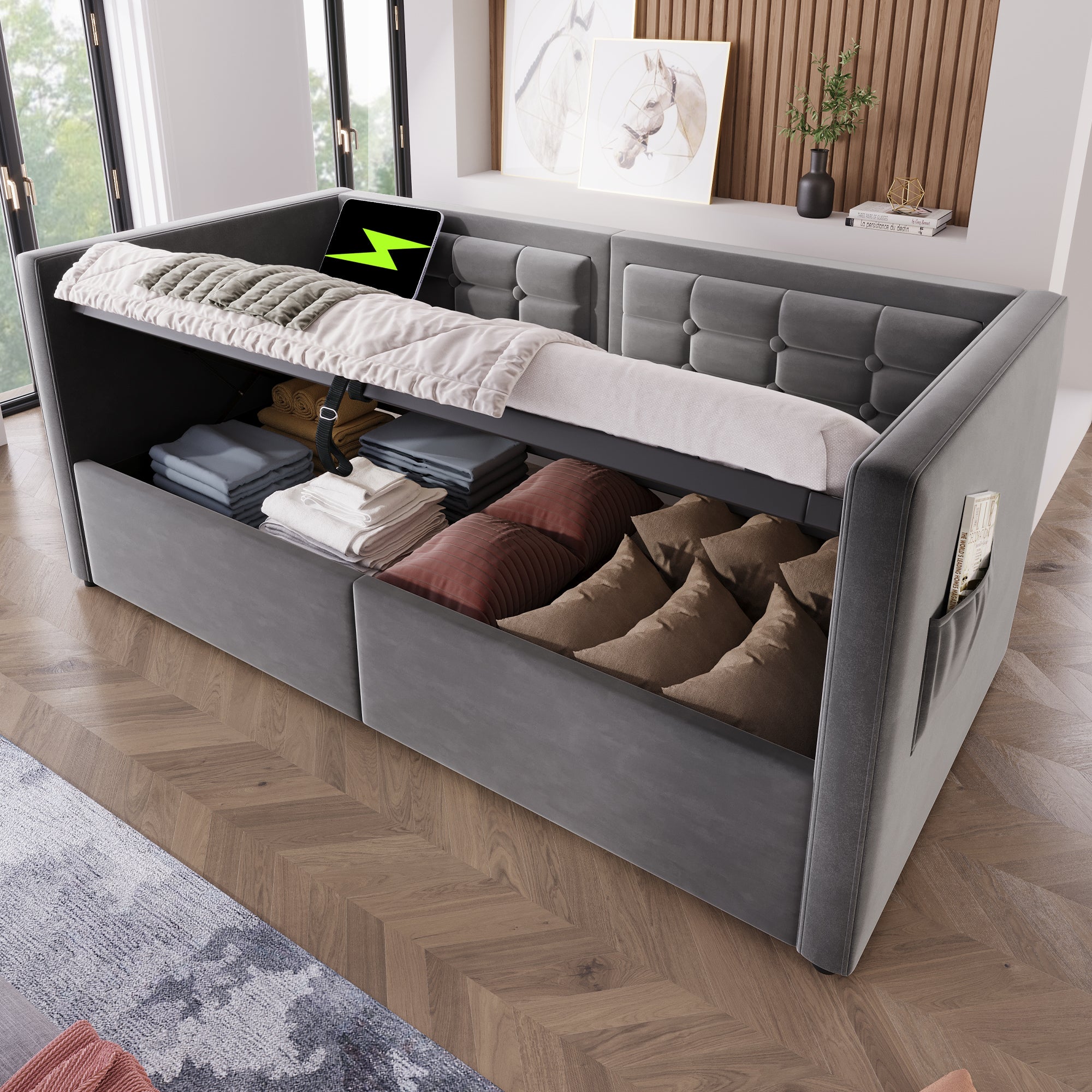 Łóżko z pojemnikiem 90 x 190 cm i zagłówkiem, pojedyncza sofa ...