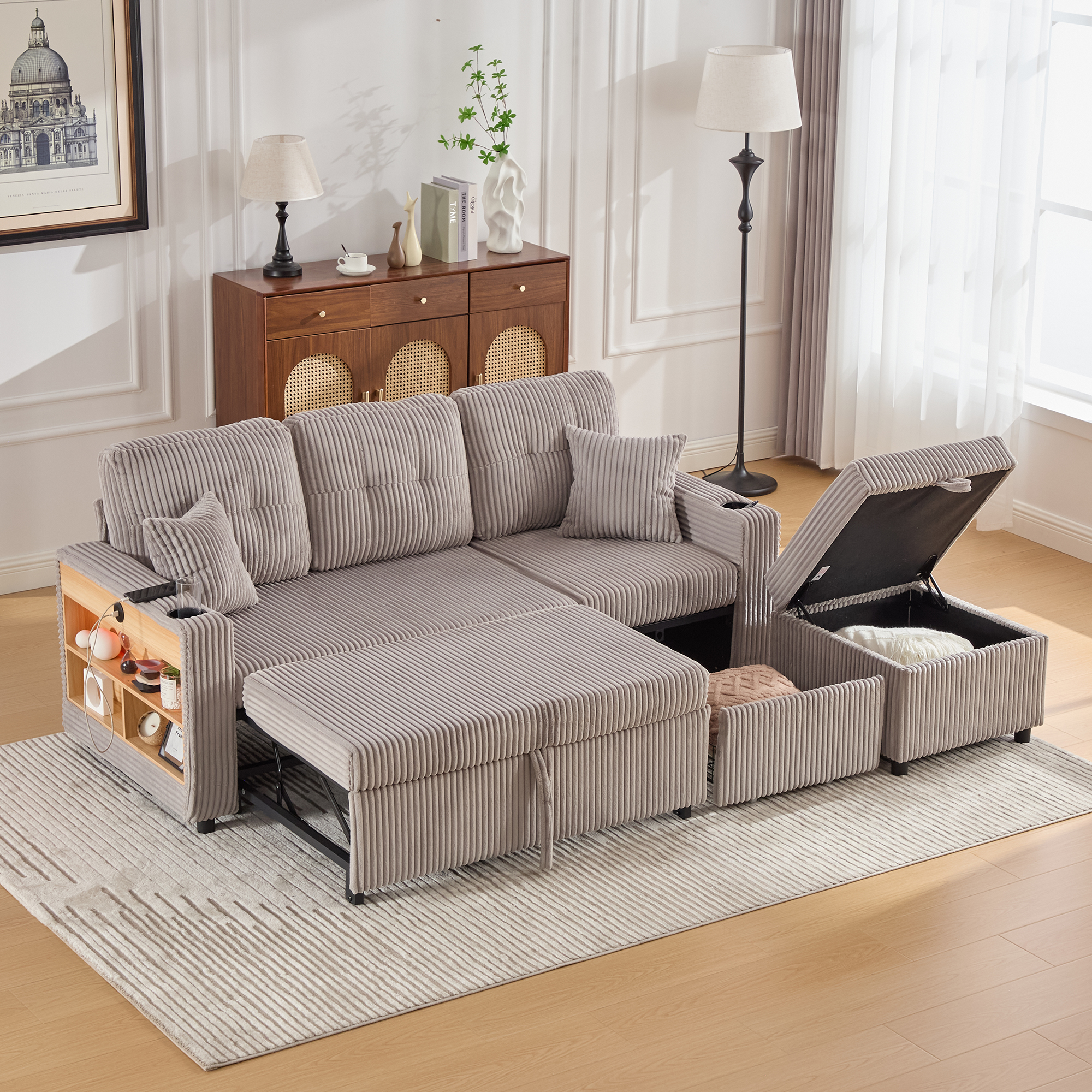 Canapé convertible 196x82 cm, coffre, port USB-C, éclairage LED ...