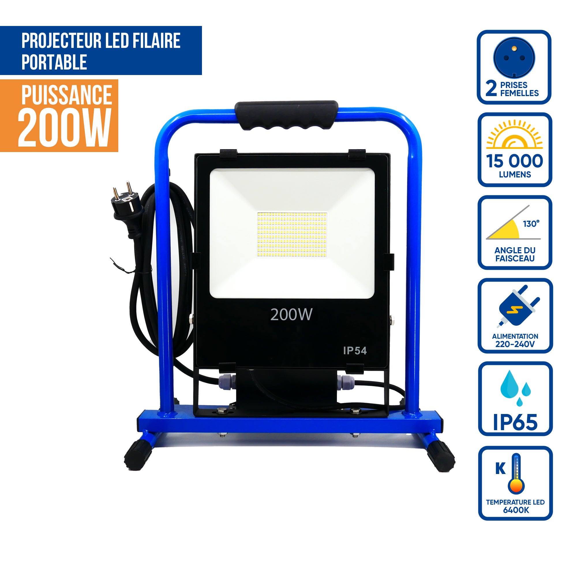 Projecteur LED Chantier 200W, Super Lumineux avec 2 Prises IP54, Idéal ...
