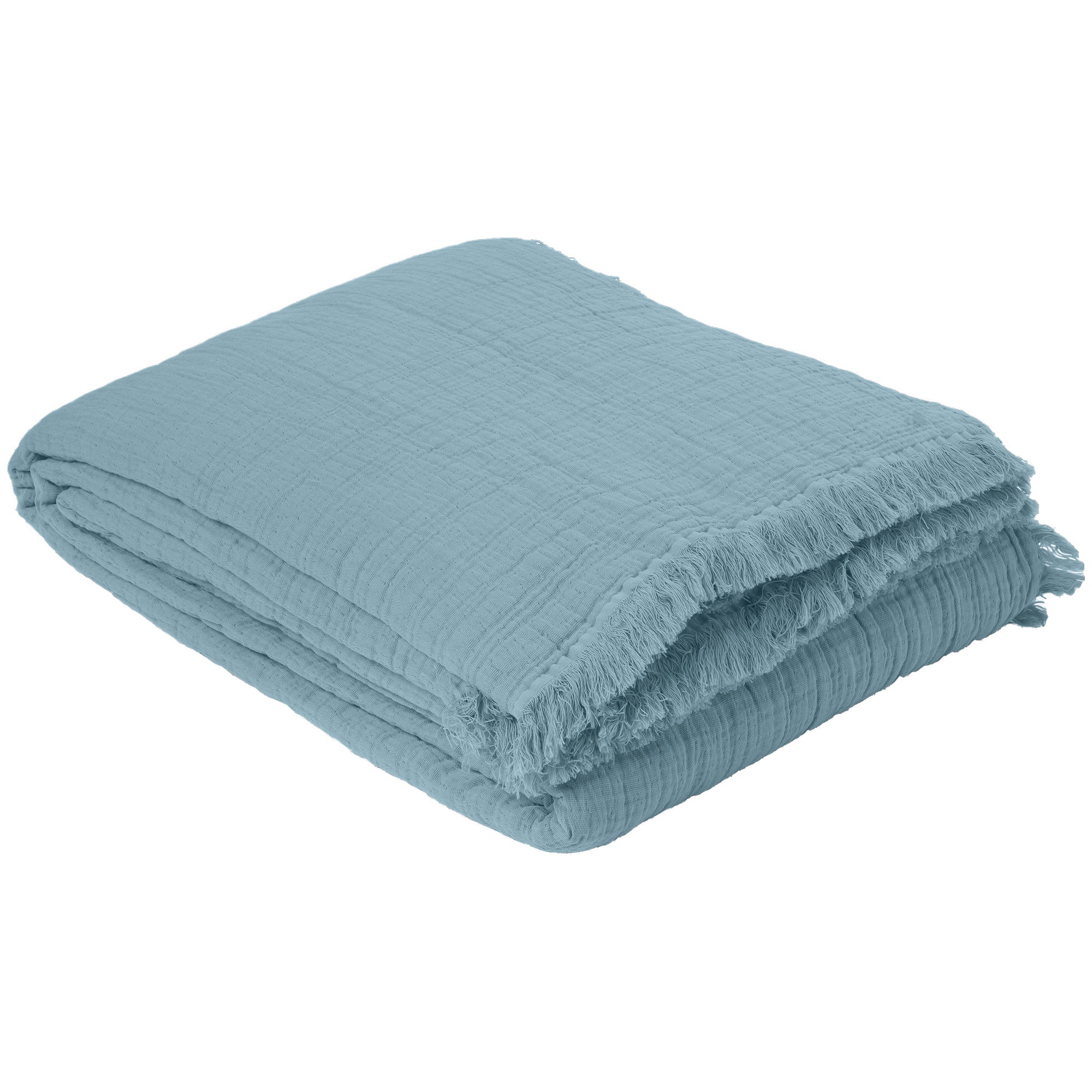 Plaid avec franges 125x180 cm BREHAT 100% gaze de coton bleu orage ...