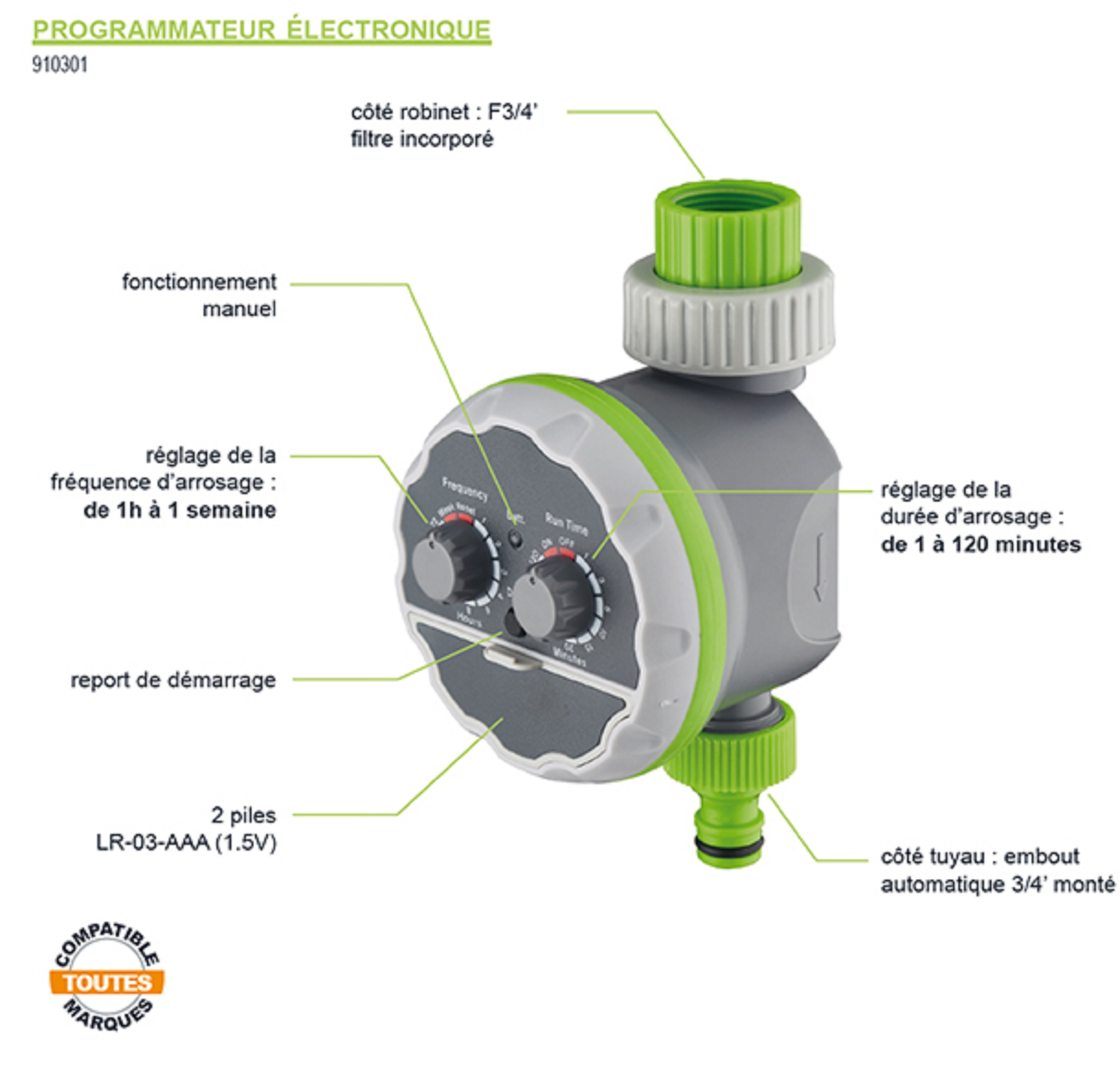 Programmateur d'Arrosage Electronique Raccordement Femelle 20x27 (3/4) AROZ | Leroy Merlin