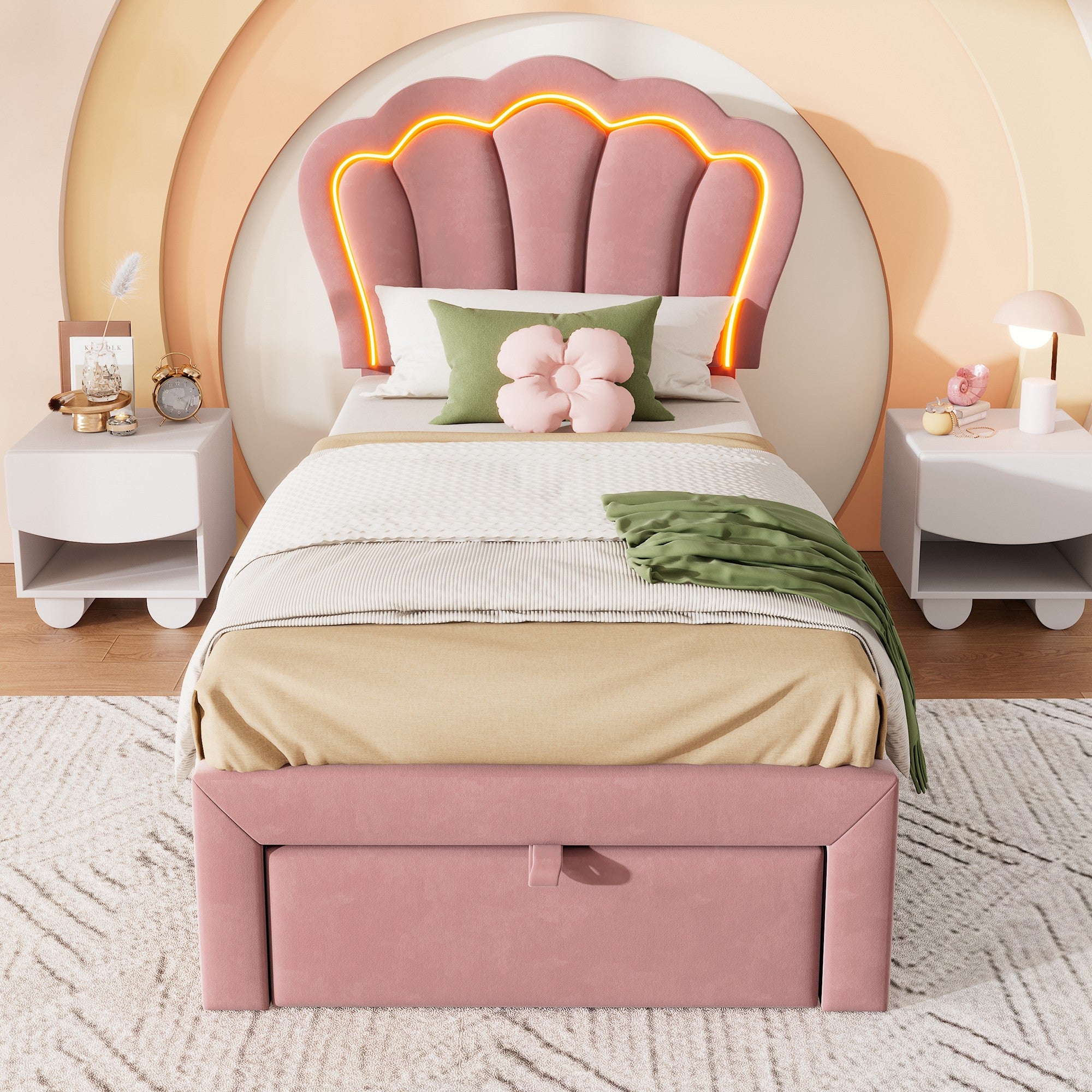 Cama infantil individual LED 90 x 200 cm, cama tapizada con cajones LED ...