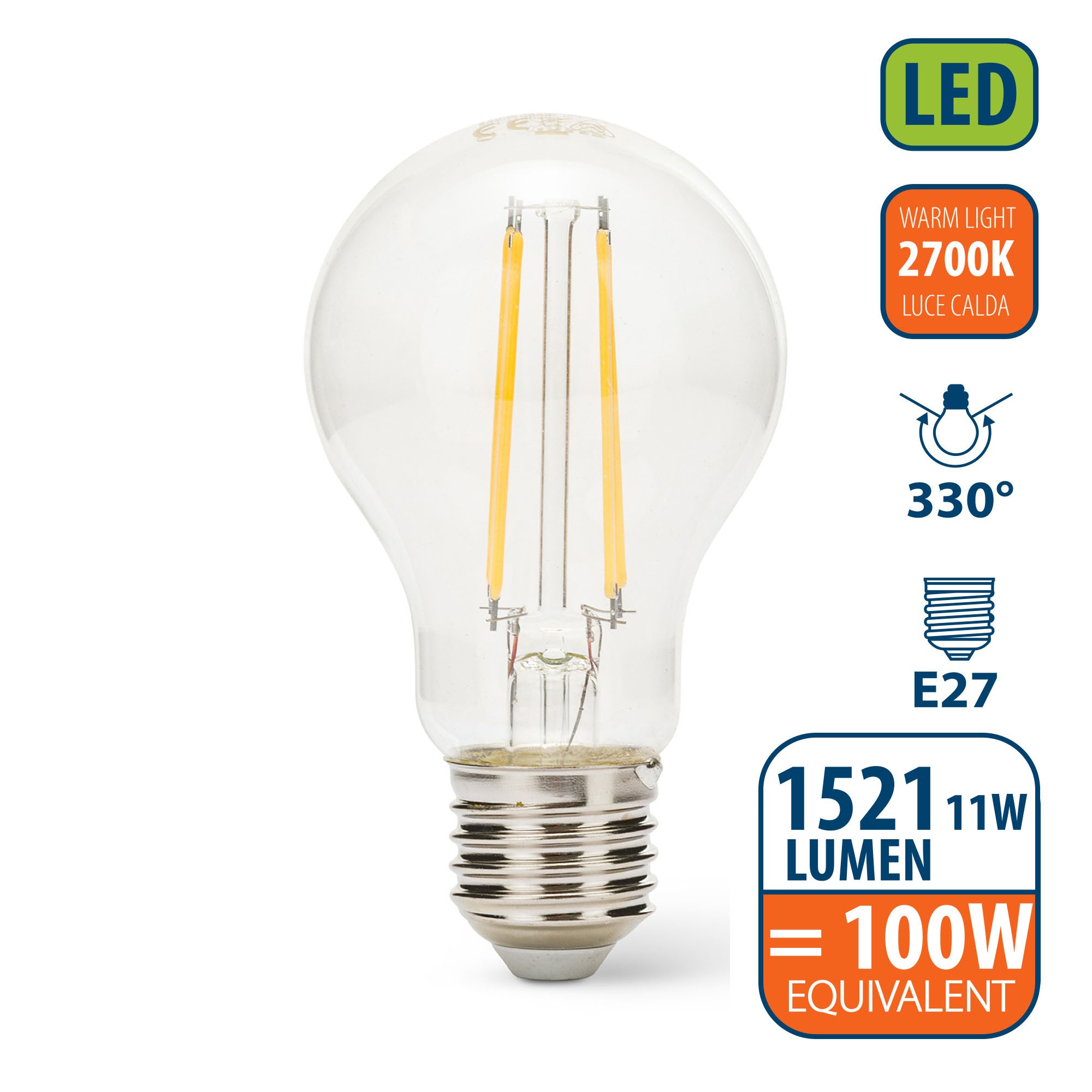 Ampoule à filament LED, Standard A60, 11W / 1521lm, culot E27, 2700K | Leroy Merlin