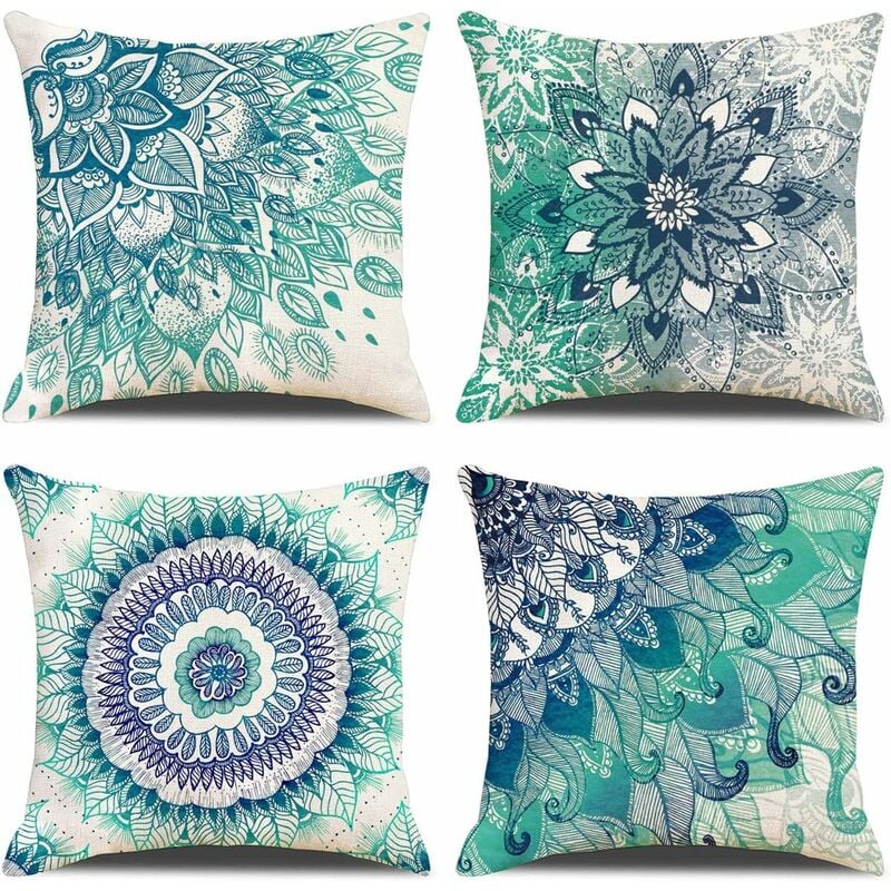 45 x 45 cm (Bleu Mandala) Housse de Coussin, Lot de 4 en Lin Décoratif ...