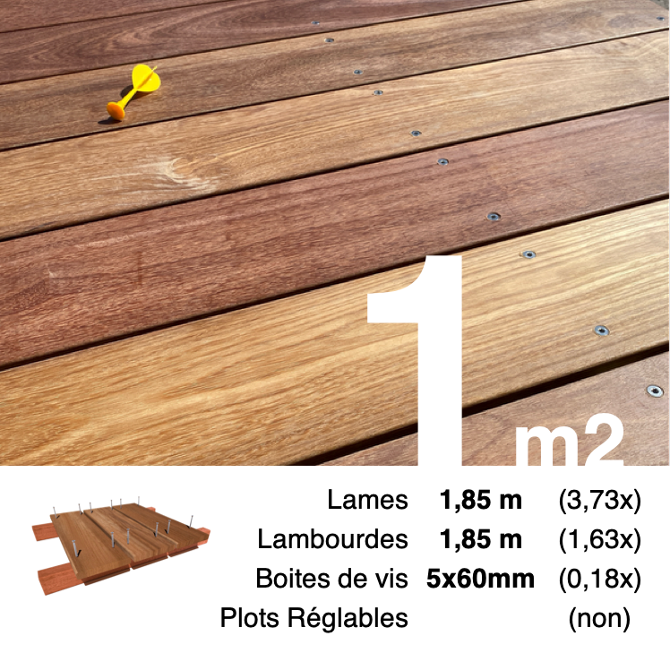 Kit terrasse bois exotique CUMARU pour 1 m² • Lames 1,85 m, lambourdes ...
